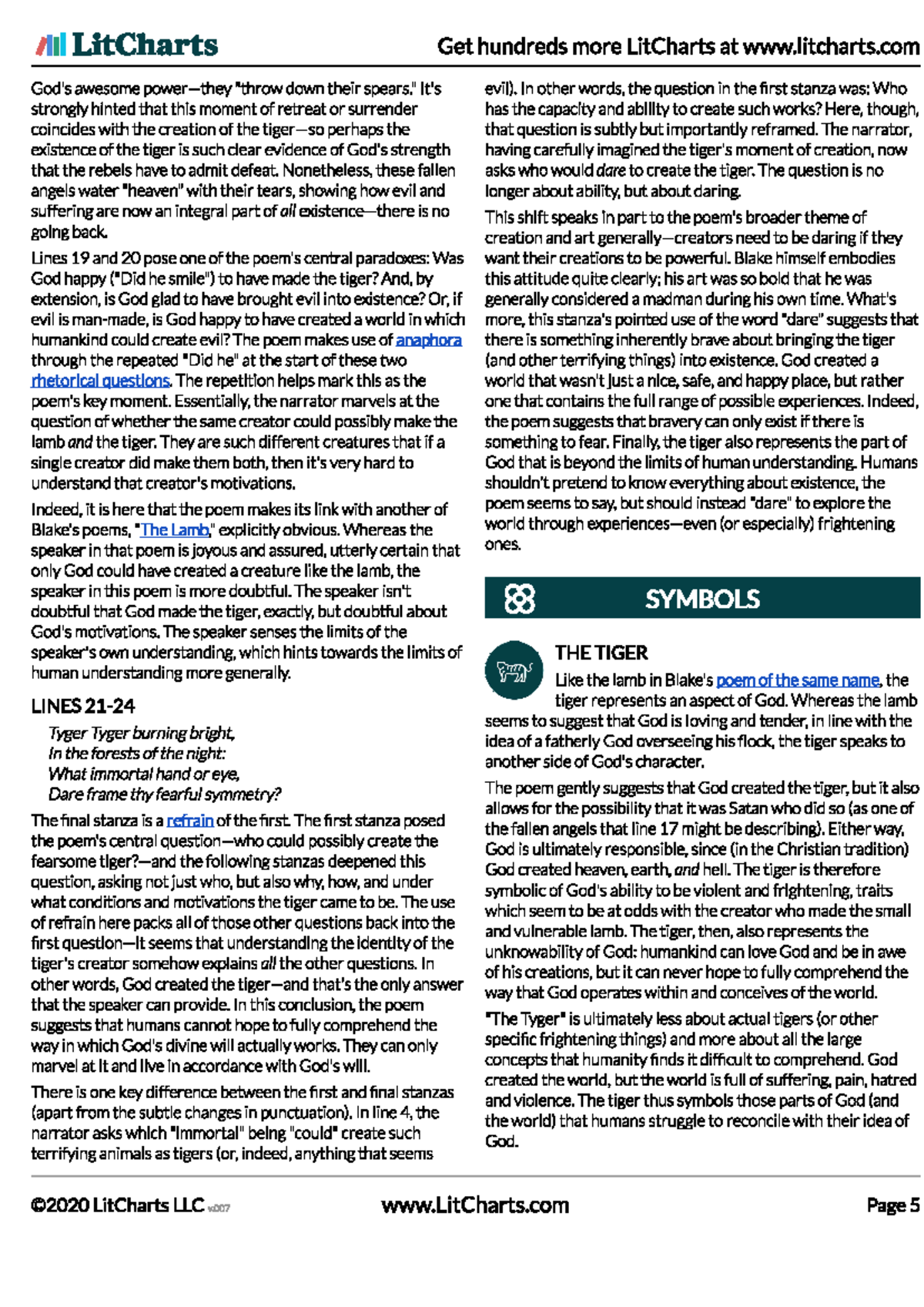 P3 - BLAKE THE TYGER SUMMARY AND CHEAT SHEET - Studocu
