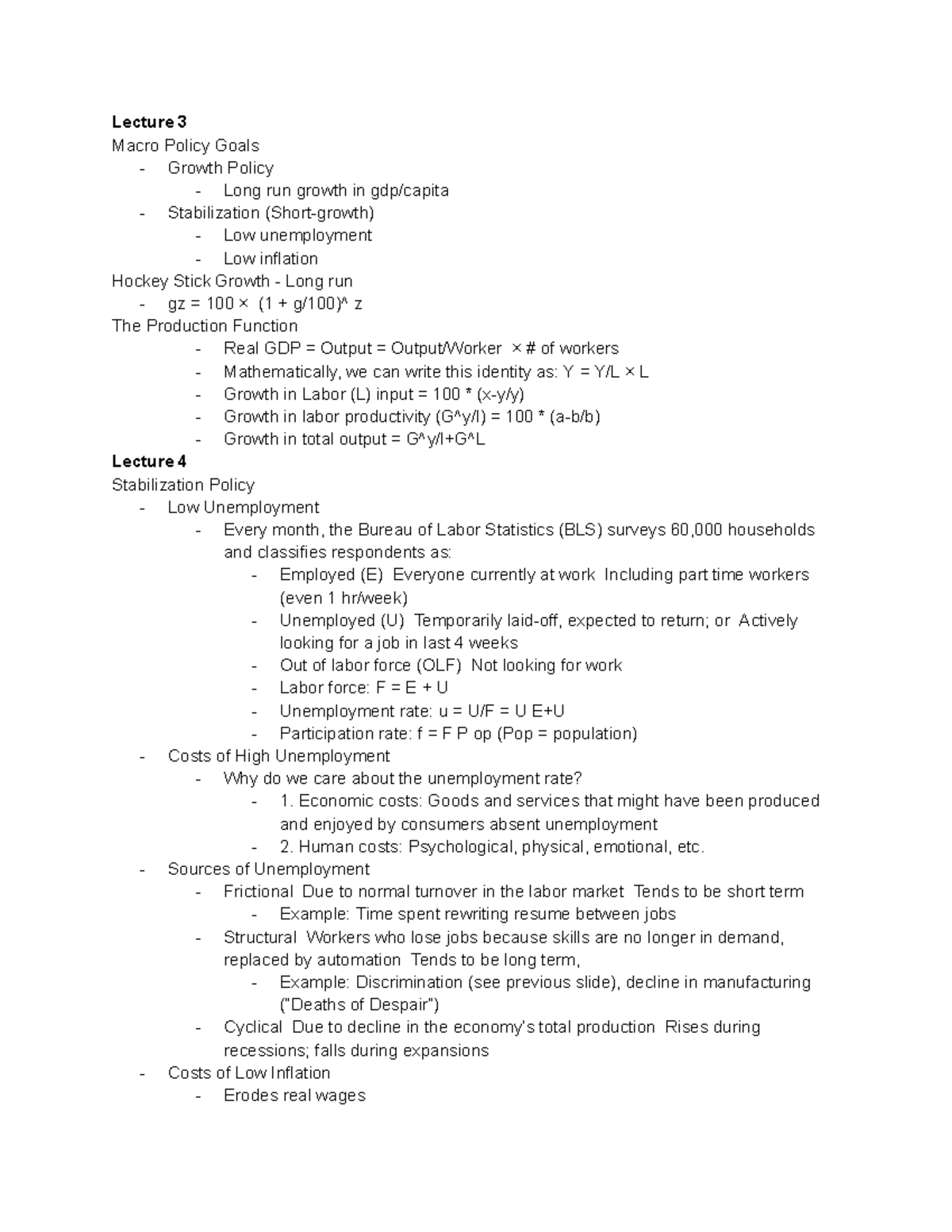 Econ 202 Midterm Study Guide - Lecture 3 Macro Policy Goals - Growth Policy - Long run growth in ...