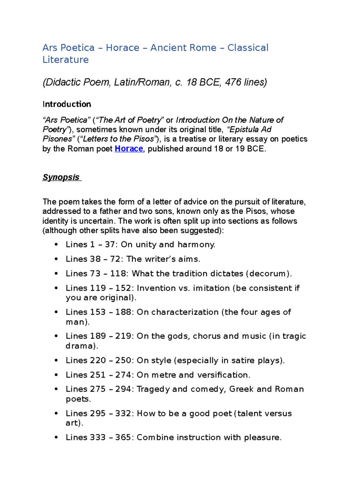 Horace ars poetica Ancient litature. com - Ars Poetica – Horace ...