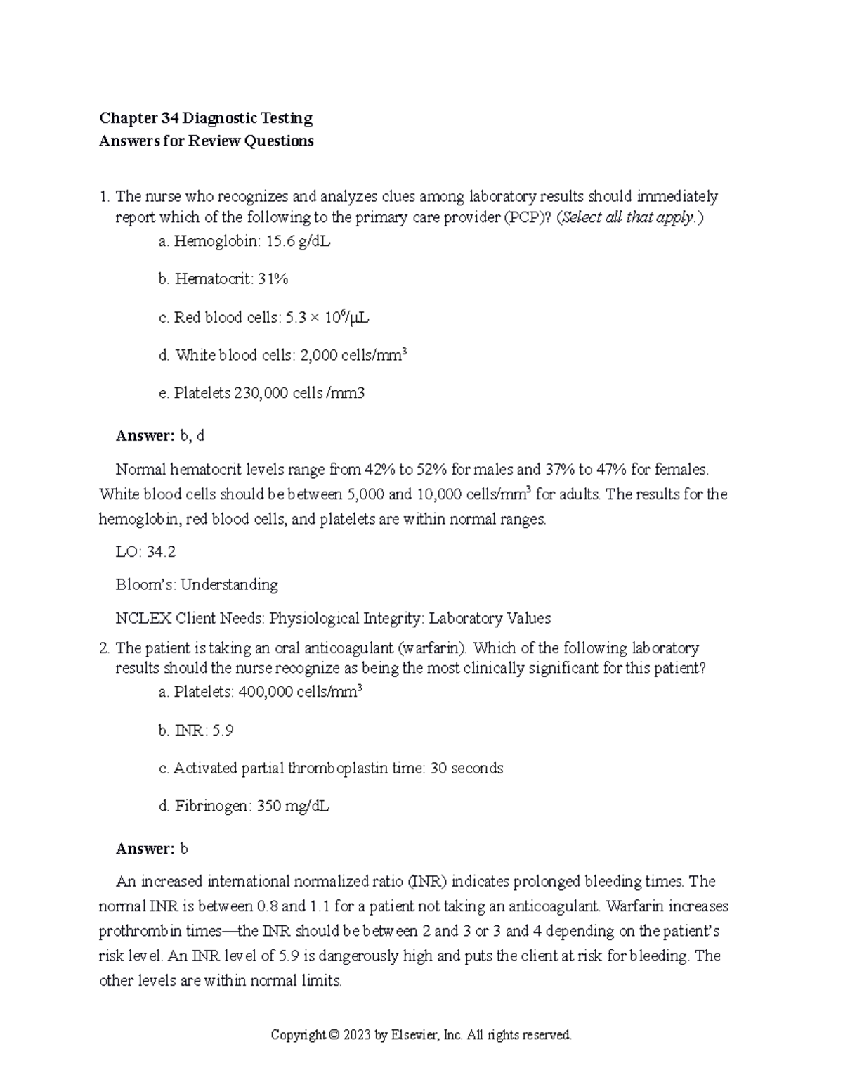 Chapter 034 - review questions - Chapter 34 Diagnostic Testing Answers ...