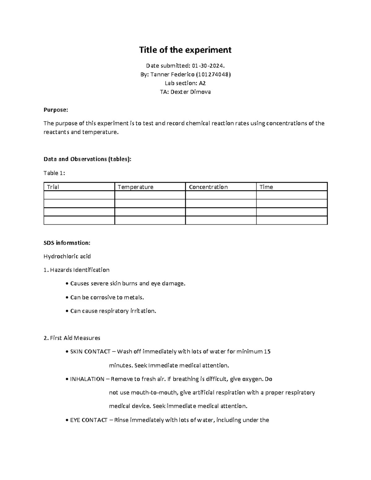 Chem 1002 kin pre lab - Title of the experiment Date submitted: 01 - 30 ...