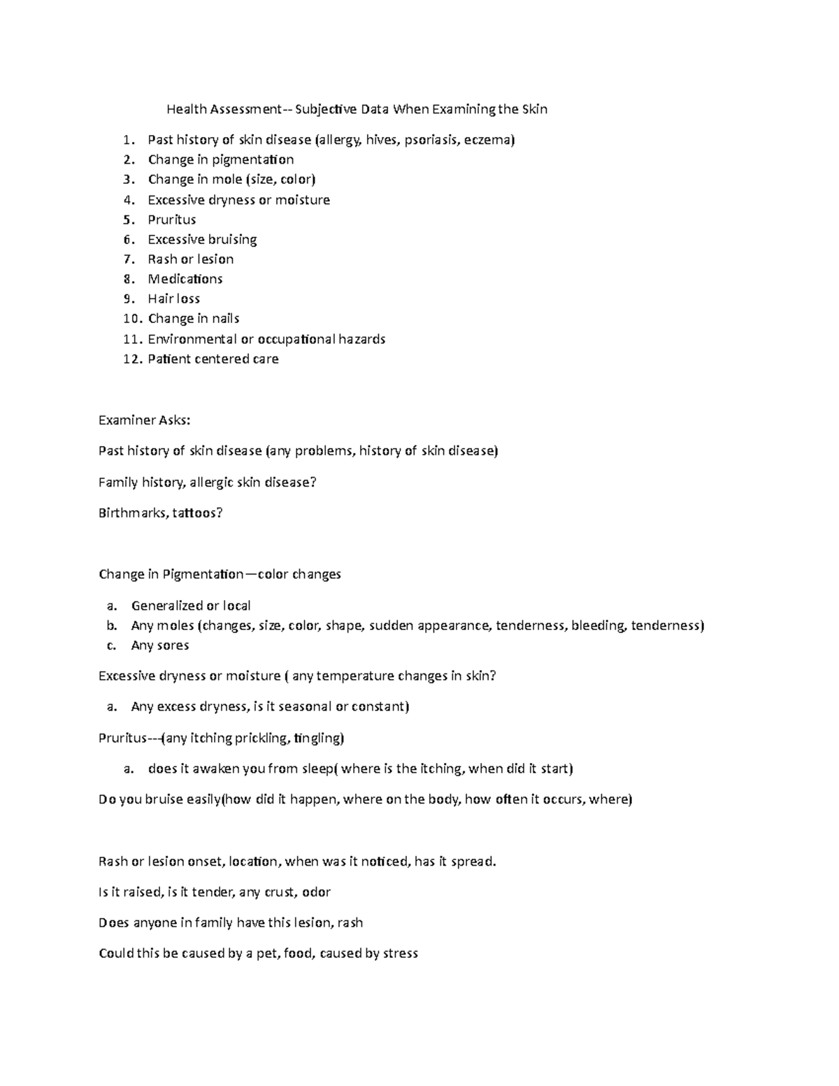 Health Assessment - Health Assessment- Subjective Data When Examining ...