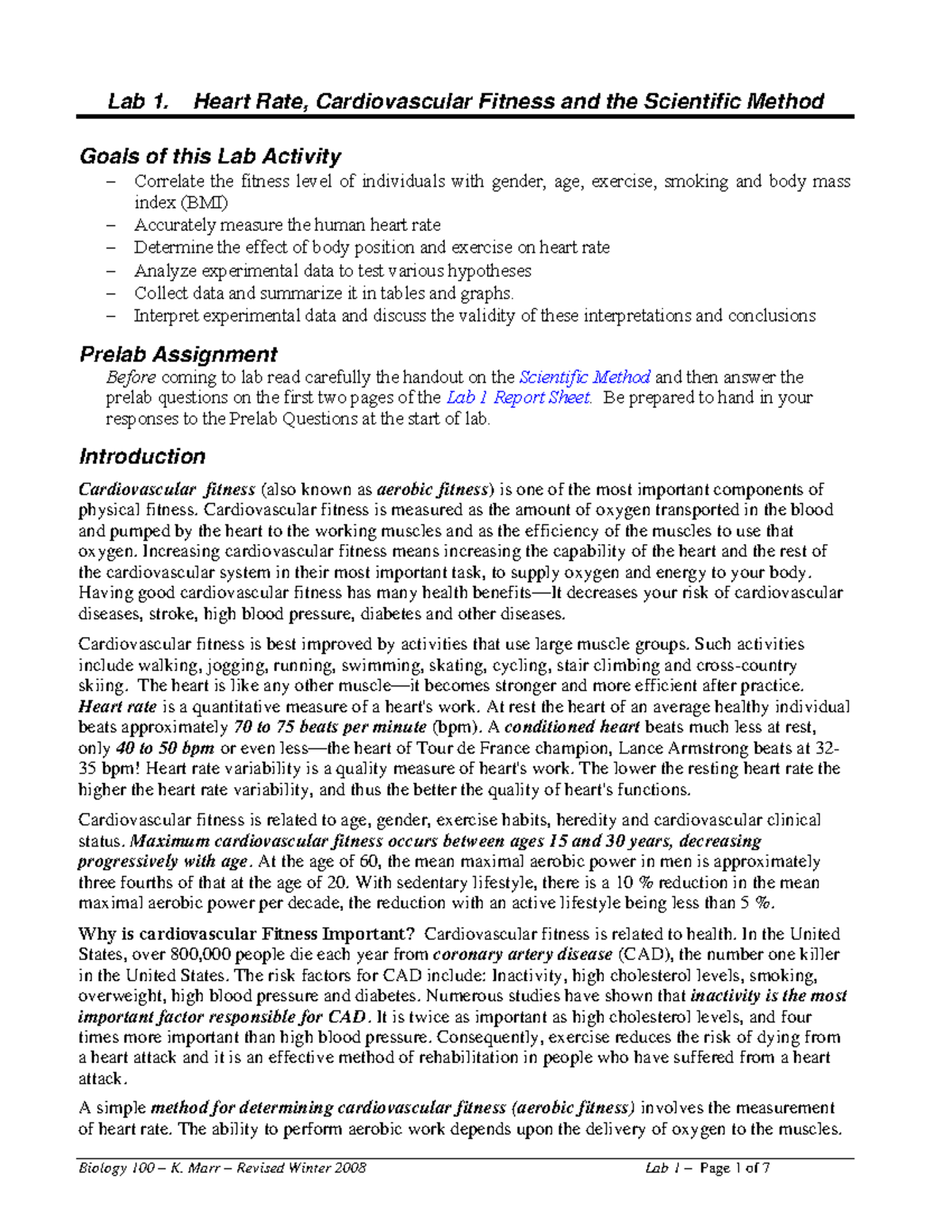 1 Lab 1 Hrt Rate B100 W2008 - Lab 1. Heart Rate, Cardiovascular Fitness ...