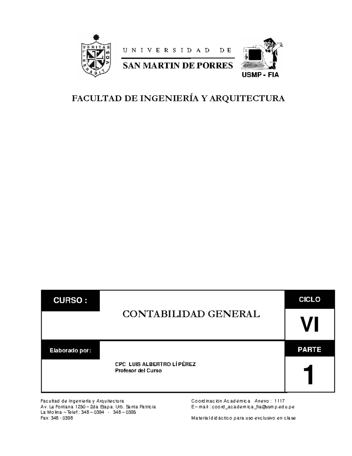 Contab GRAL Parte 1 - apuntes - ####### USMP - FIA U N I V E R S I D A ...