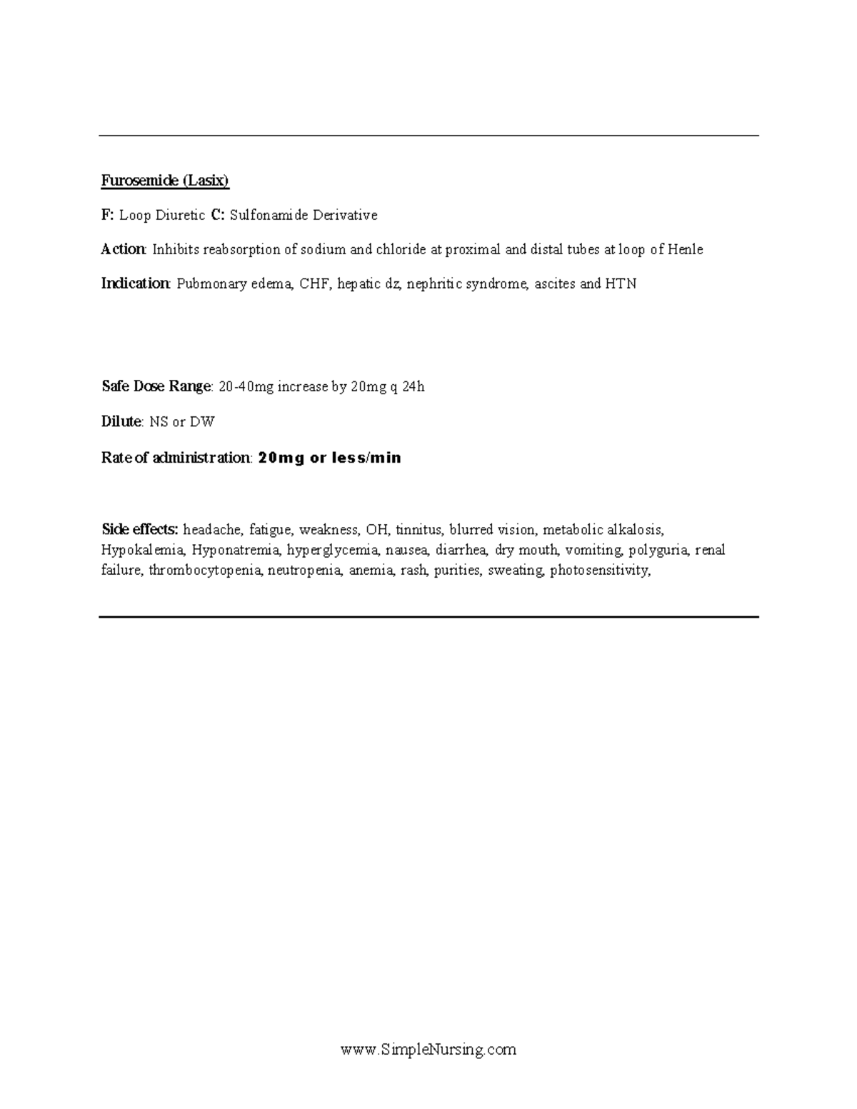 IV Push Drug Card Pharm - Furosemide (Lasix) F: Loop Diuretic C ...