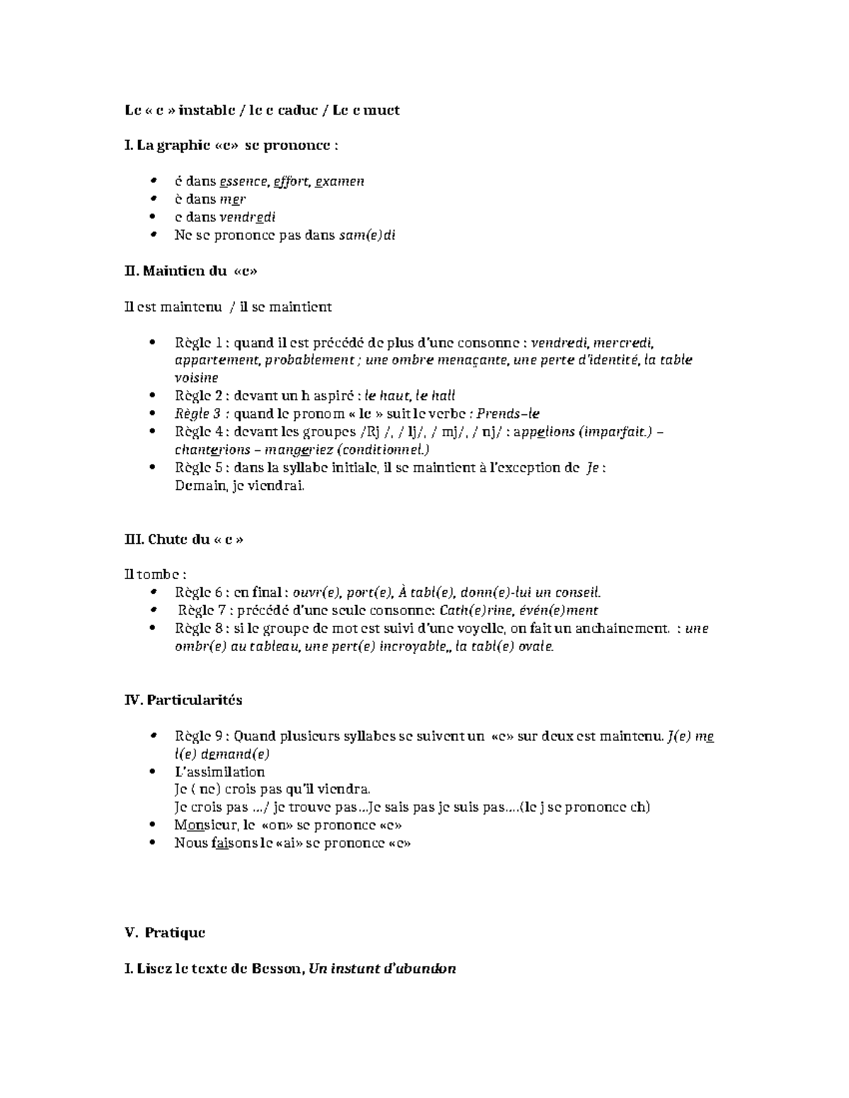 Le «e» muet version étudiante suivi du corrigé - Le « e » instable / le ...