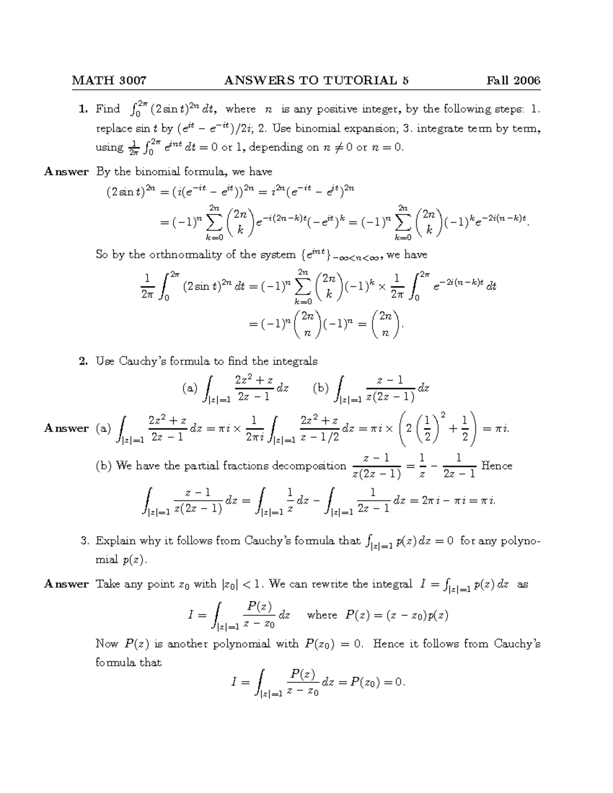Tutorial 05 2006 - MATH 3007 1. Find ANSWERS TO TUTORIAL 5 2π 0 Fall ...