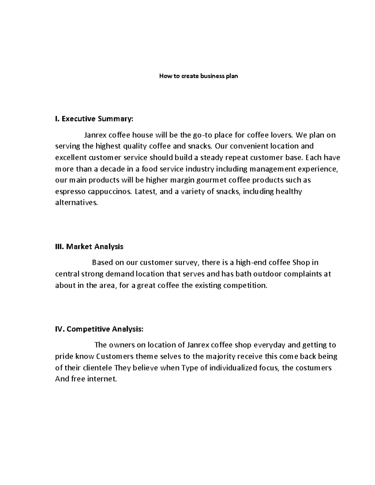 How to create business plan - Executive Summary: Janrex coffee house ...