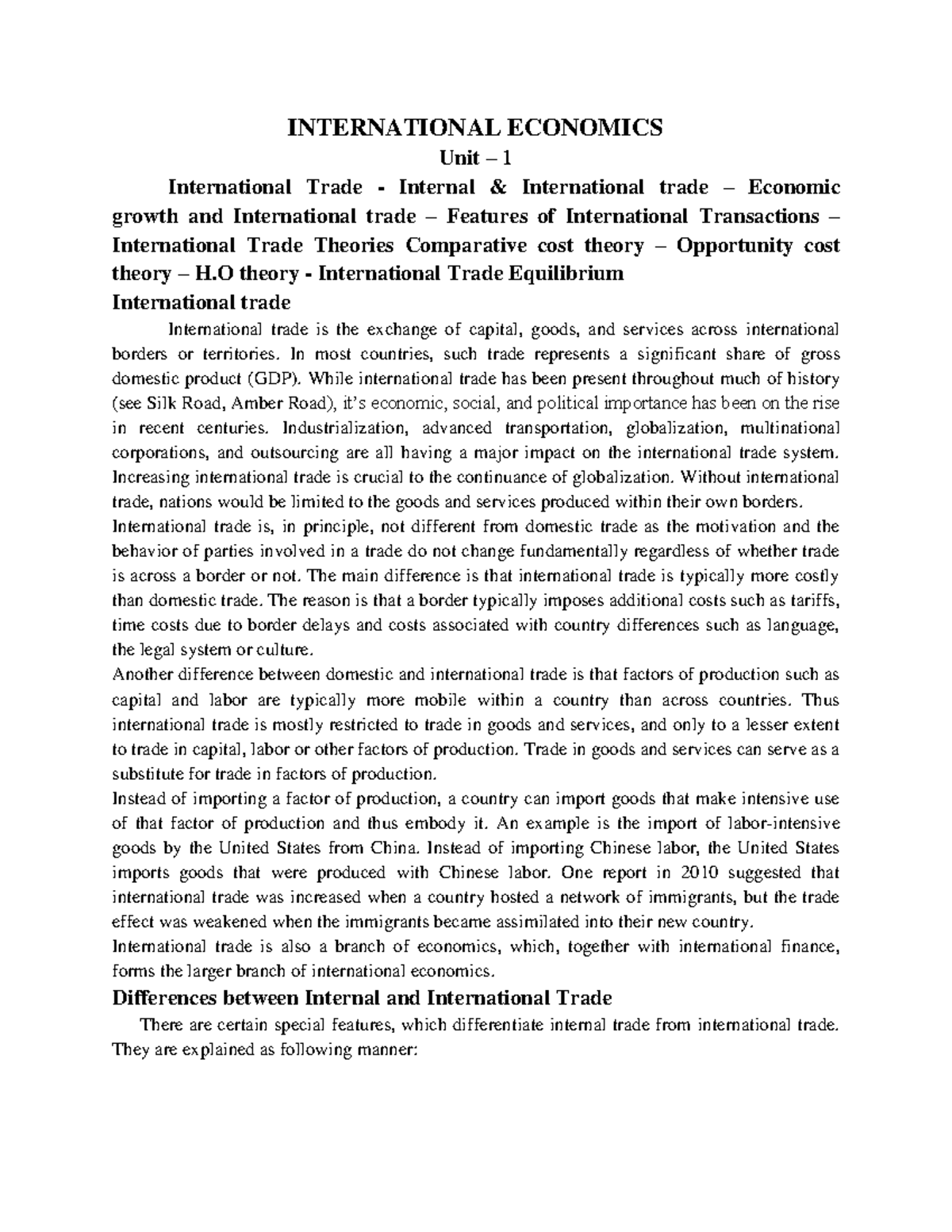 International Economic Notes - INTERNATIONAL ECONOMICS Unit – 1 ...