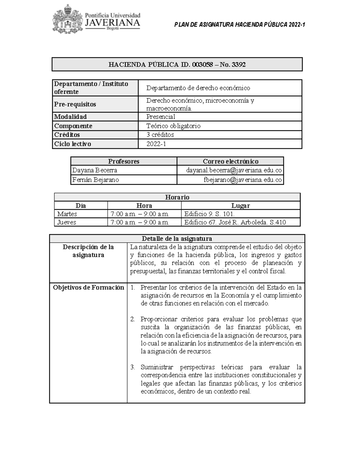 Syllabus Hacienda Publica 2023-2 - HACIENDA PÚBLICA ID. 003058 – No ...