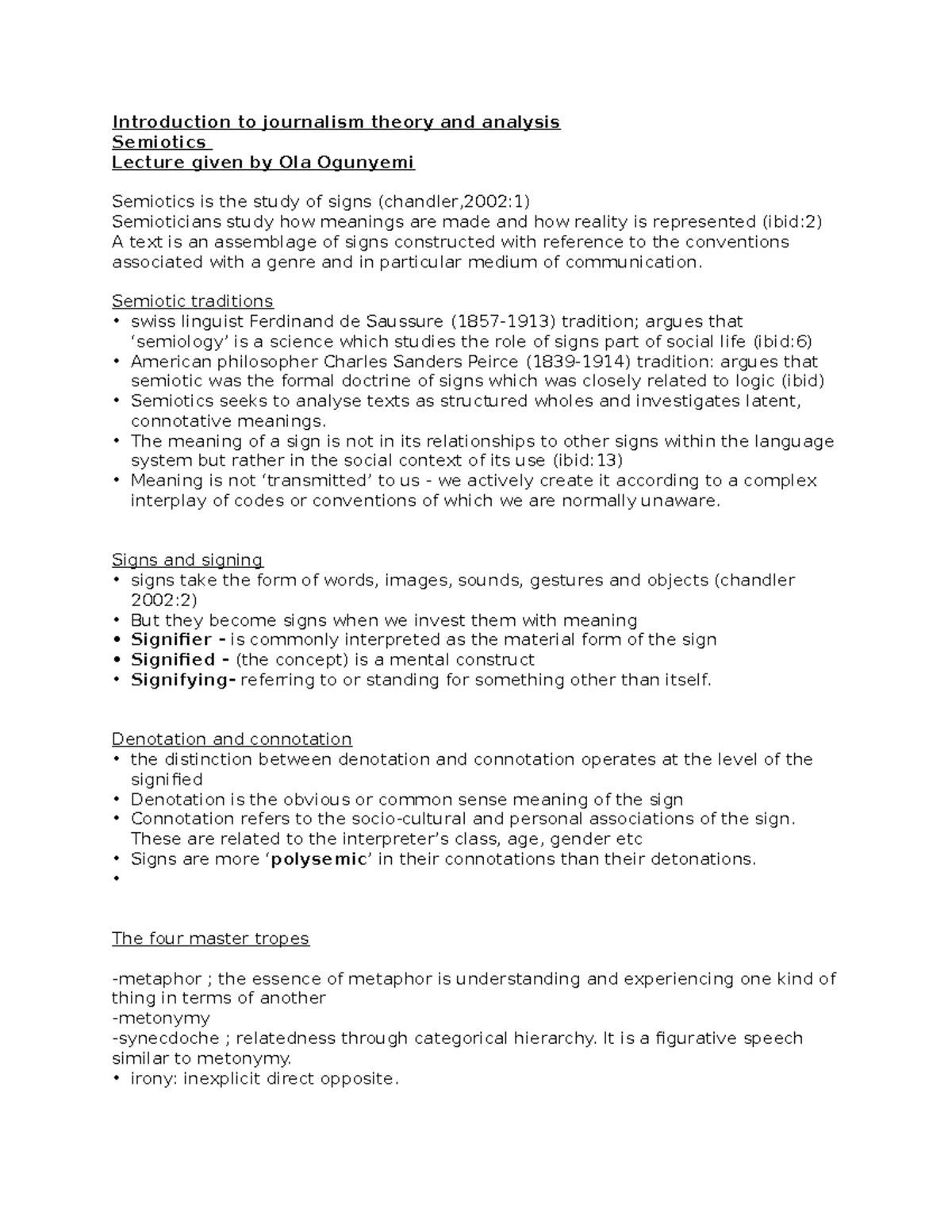 Journalism theory and analysis - semiotics lecture notes - Introduction ...