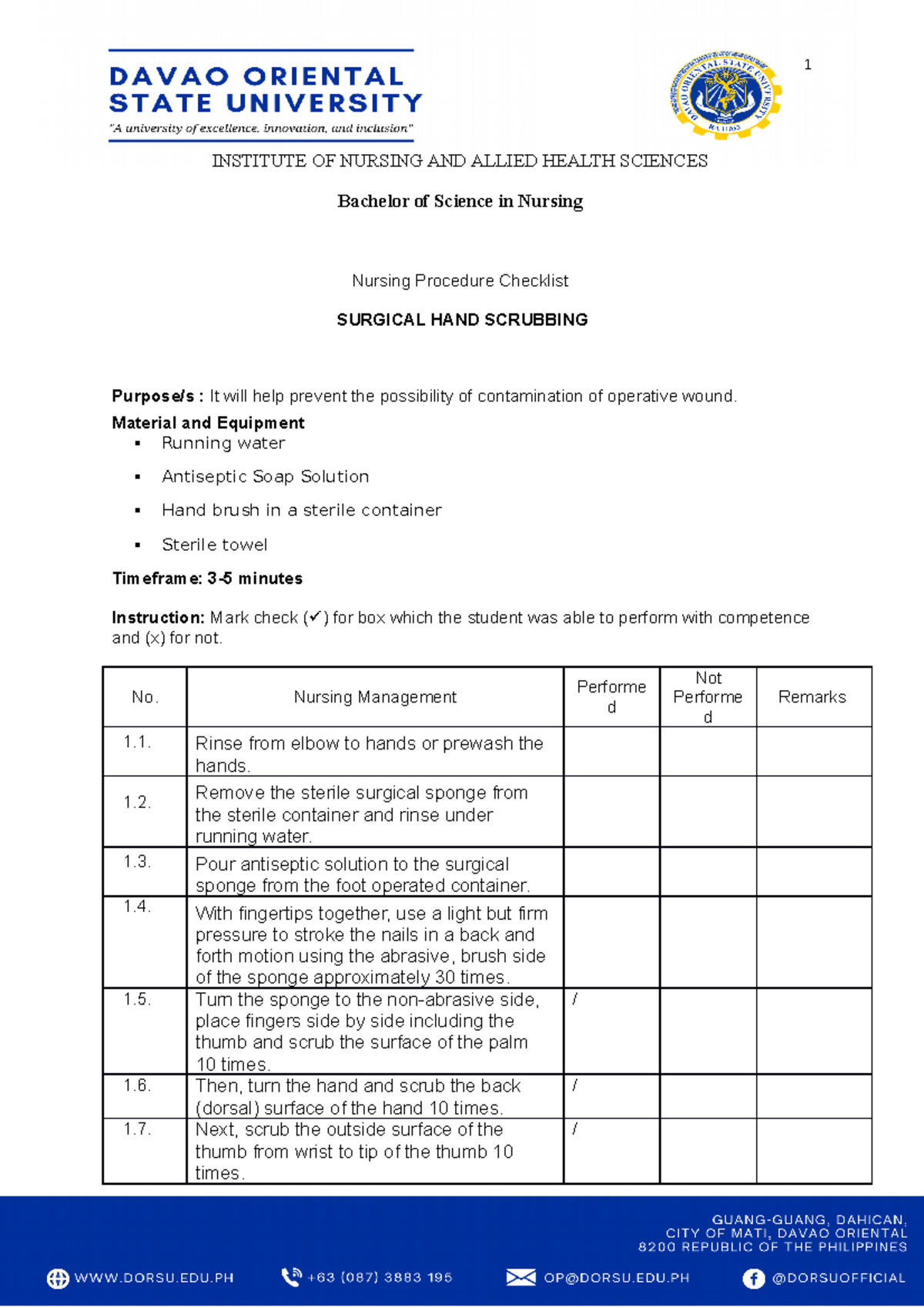 Surgical Hanscrub Checklist - 1 INSTITUTE OF NURSING AND ALLIED HEALTH ...