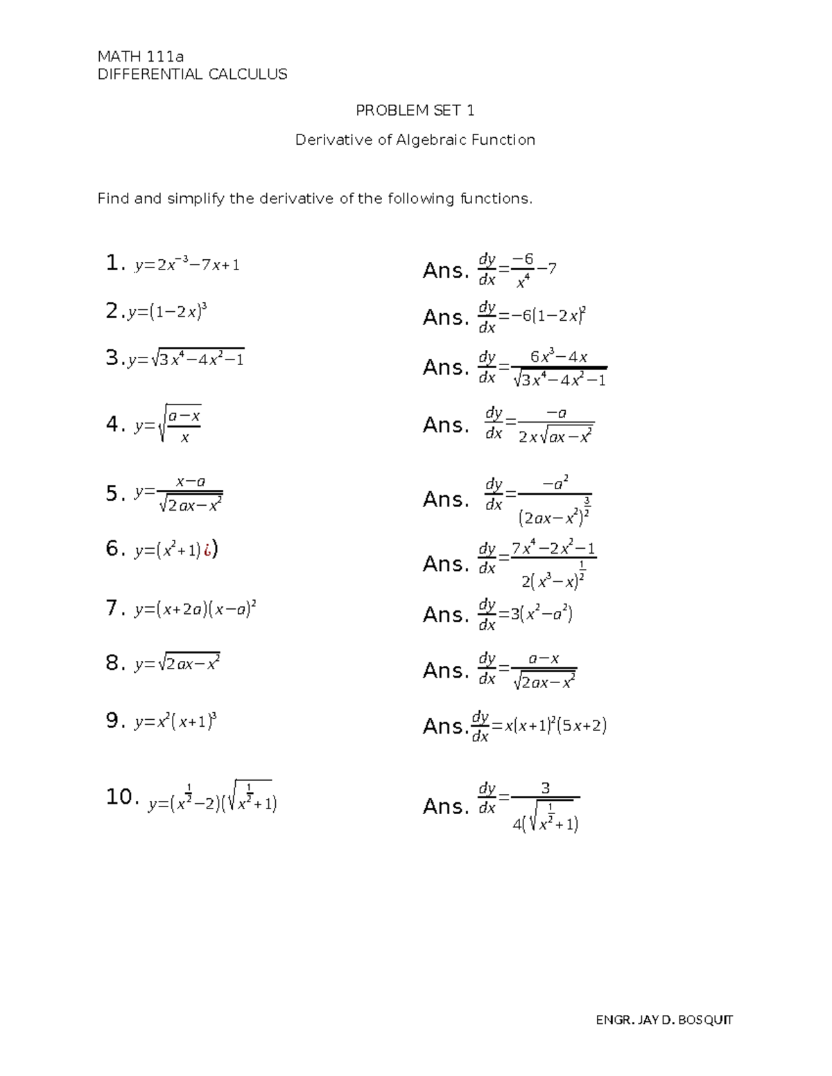 Problem-SET- DERIVATIVE OF ALGEBRAIC FUNCTION - MATH 111a DIFFERENTIAL CALCULUS PROBLEM SET 1 ...