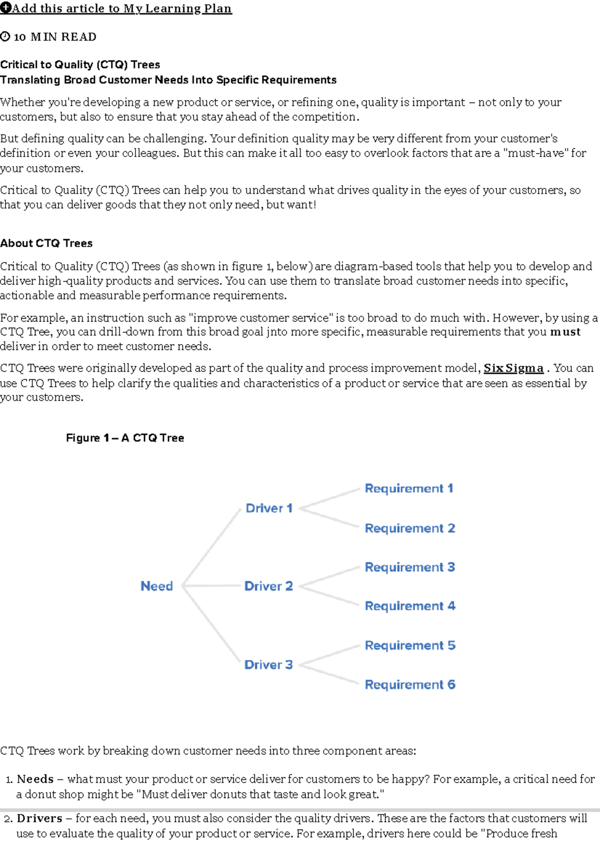 Critical to Quality (CTQ) Trees - Translating Broad Customer Needs Into ...