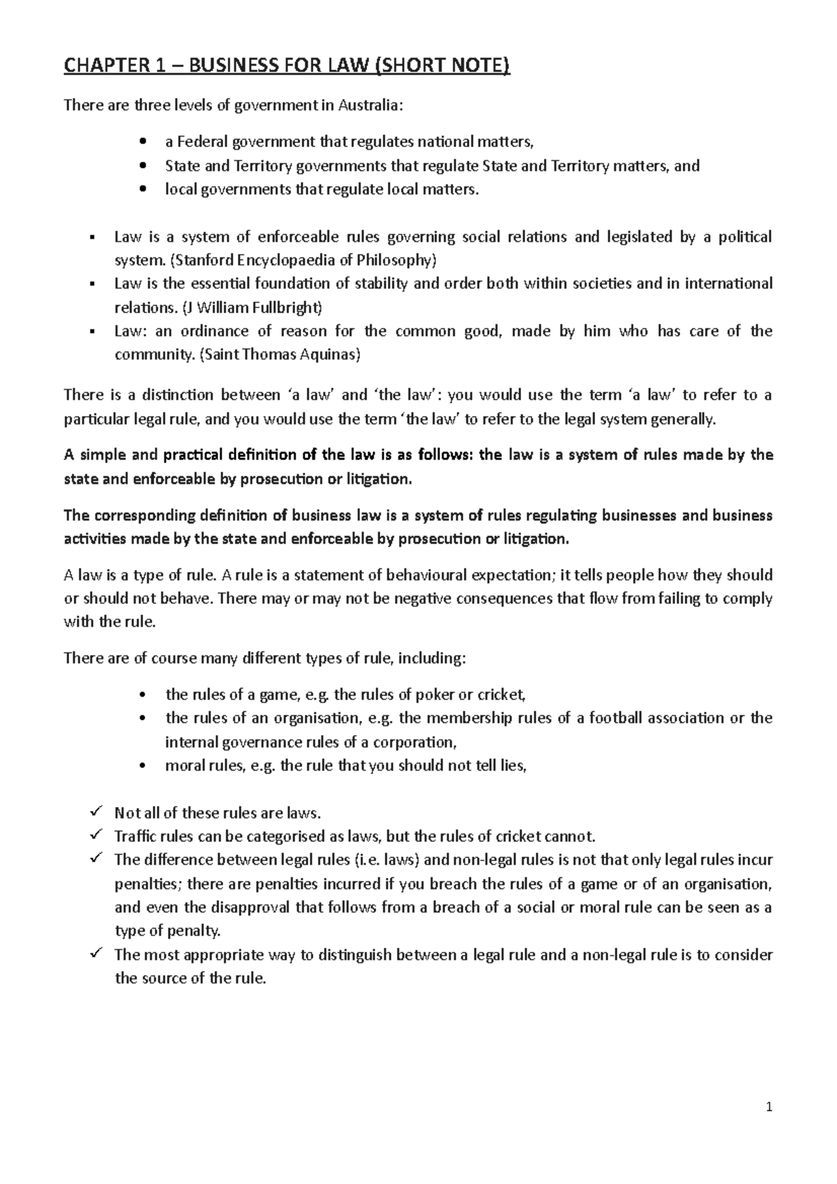 Law Chap 1 - Short Note - CHAPTER 1 BUSINESS FOR LAW (SHORT NOTE) There ...