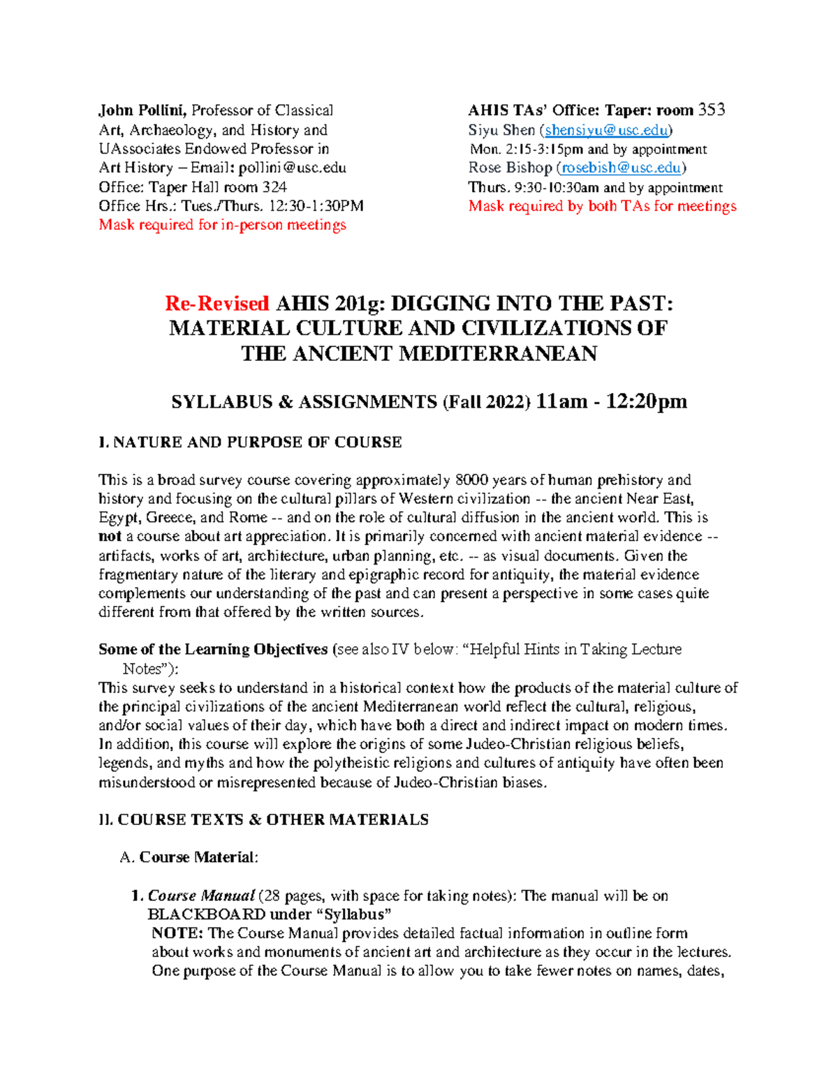 201g Re-Revised Syllabus (Fall 2022) - John Pollini, Professor of ...