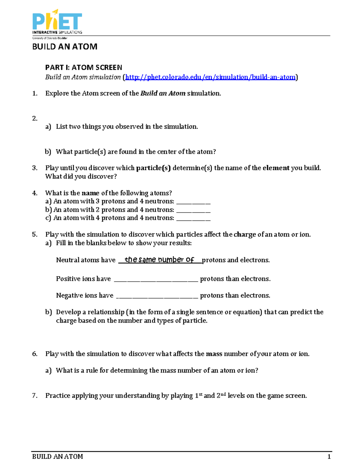 Build an atom - Information on atoms and how they are built. - BUILD AN ATOM PART I: ATOM SCREEN ...