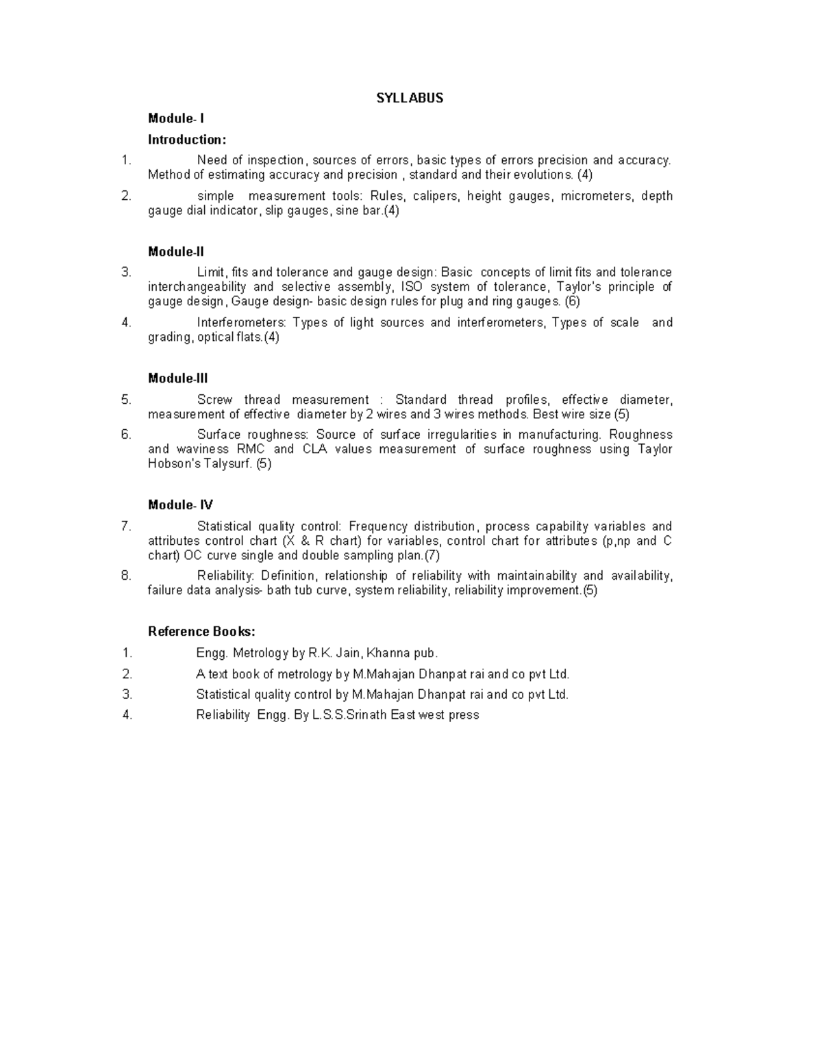 Metrology, Quality Control and Reliability - SYLLABUS Module- I ...