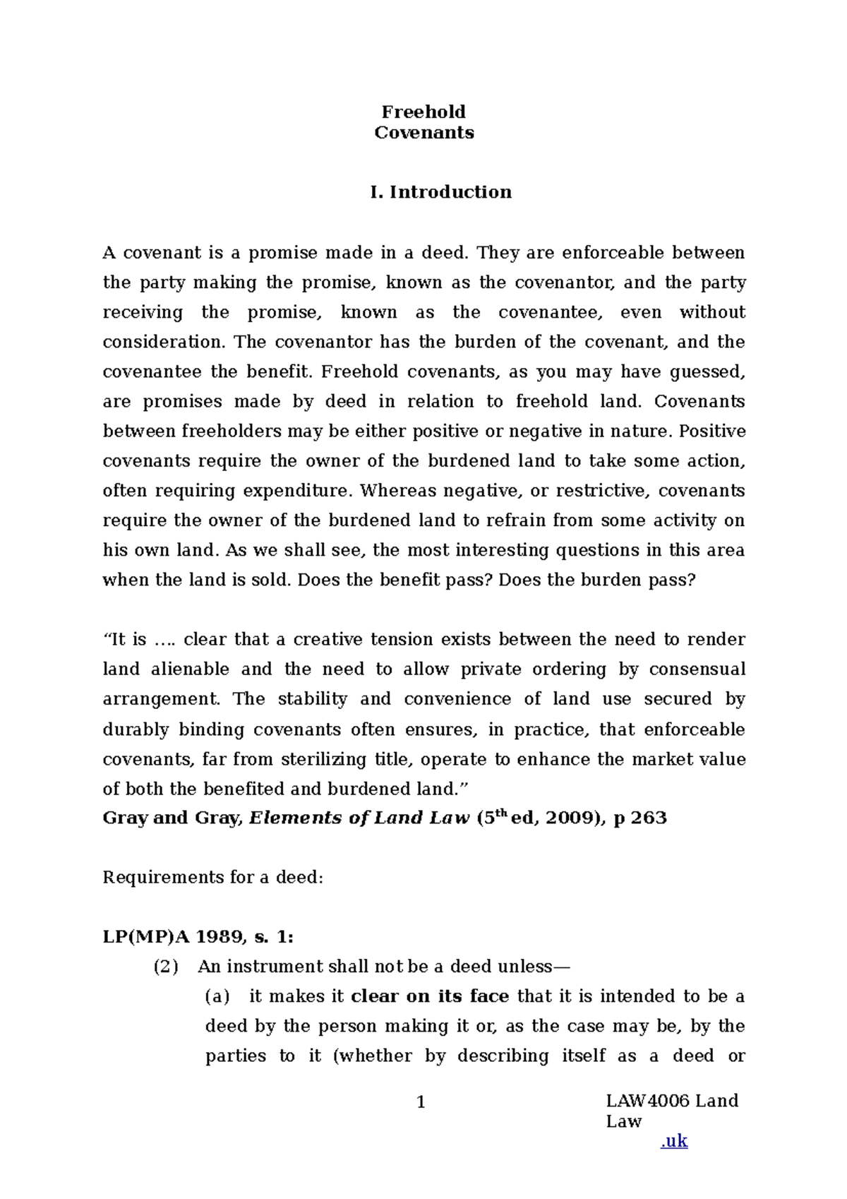 Freehold Covenants Handout LAW4006 AJH - LAW4006 Land Law .uk 1 ...