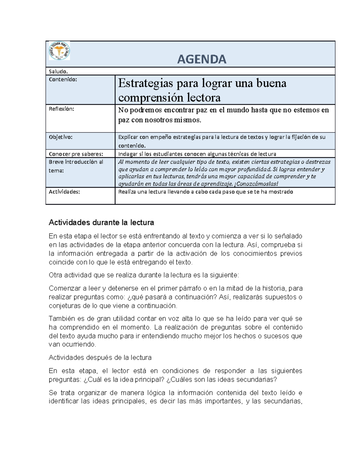 Guion de estrategias de lectura - AGENDA Saludo. Contenido: Estrategias ...