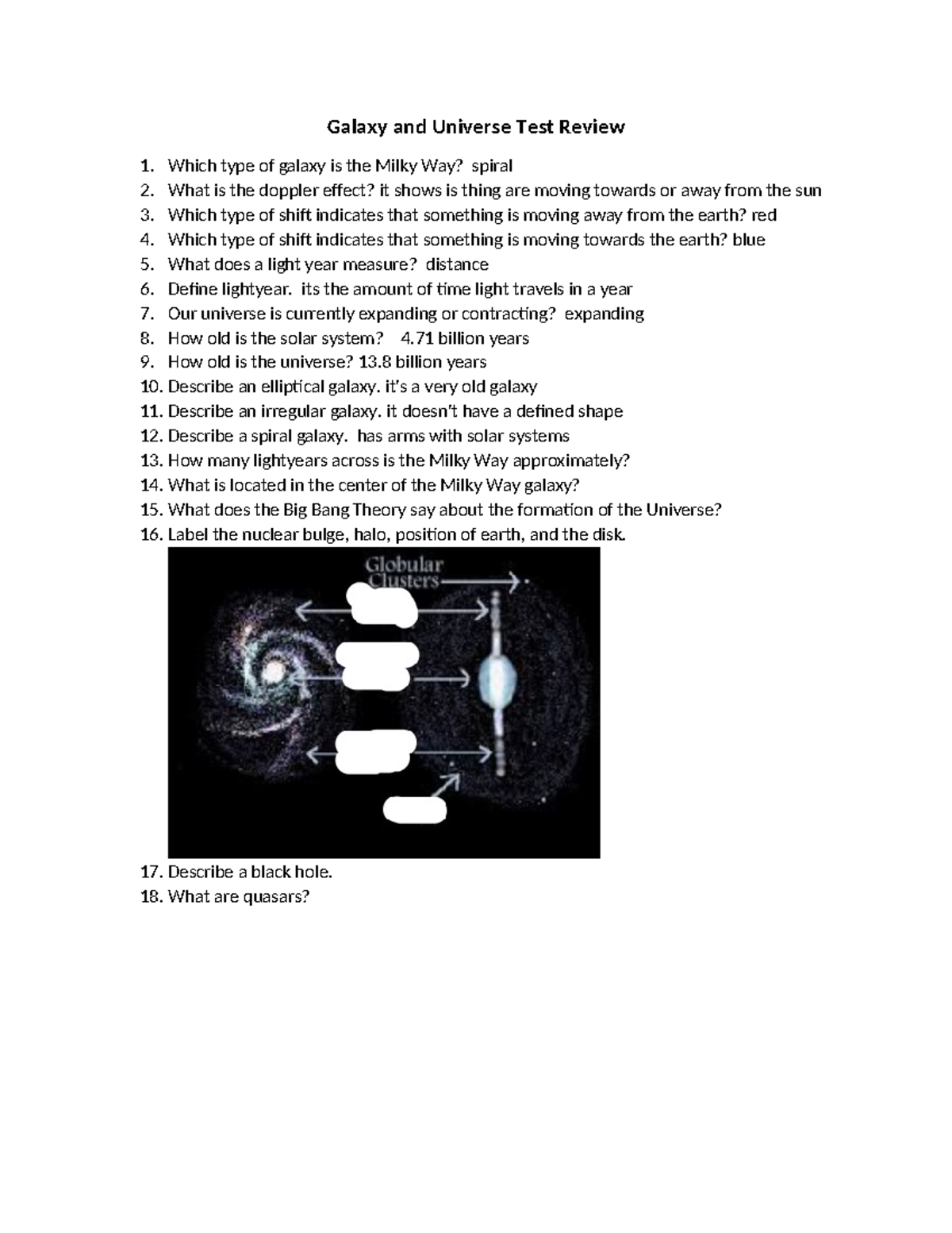 Copy of Galaxy and Universe Test Review - Galaxy and Universe Test ...