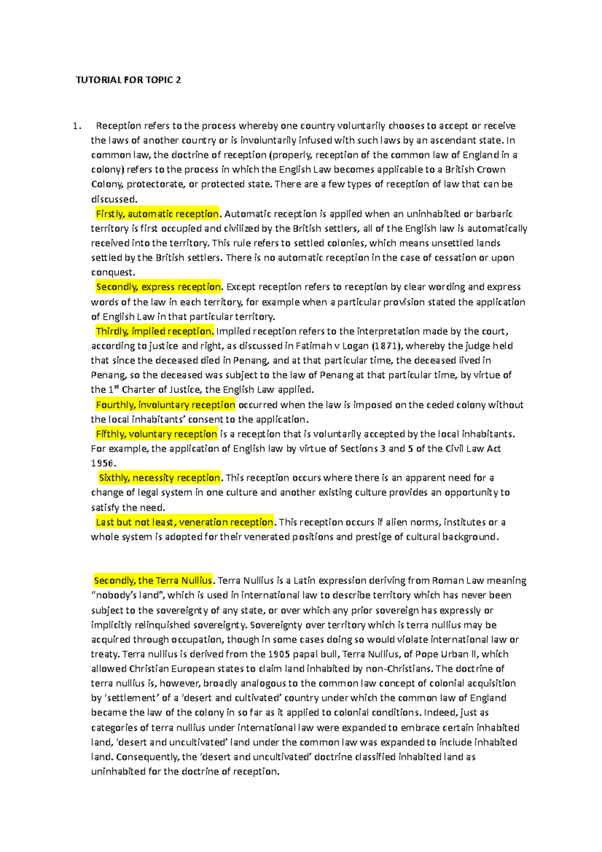 Tutorial FOR Topic 2 - sample - TUTORIAL FOR TOPIC 2 Reception refers ...