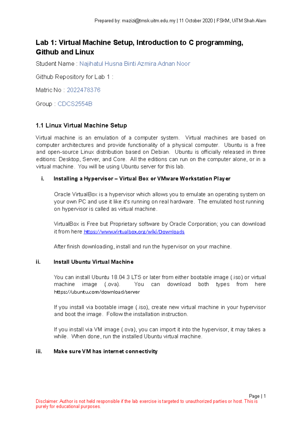 Lab 1 - VM Setup - lab work - Lab 1: Virtual Machine Setup, Introduction to C programming ...