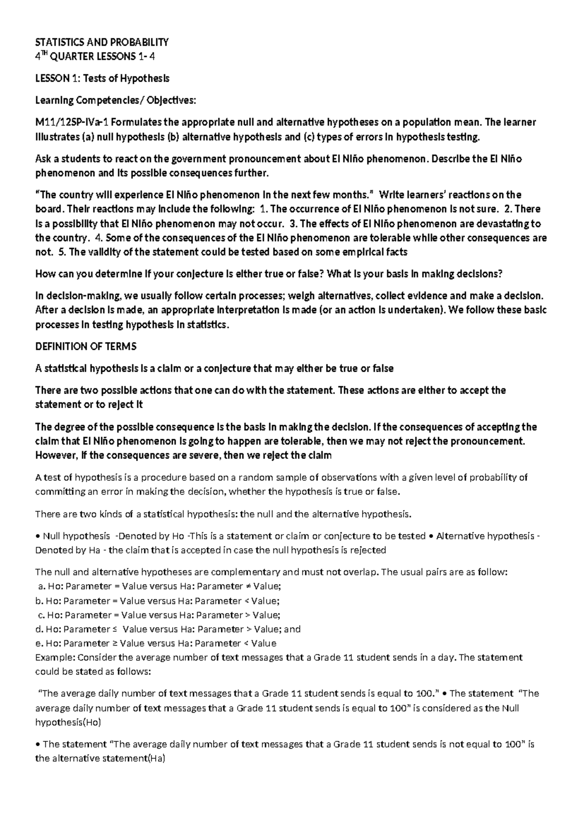 Statistics AND Probability - 4th qtr lessons - STATISTICS AND ...