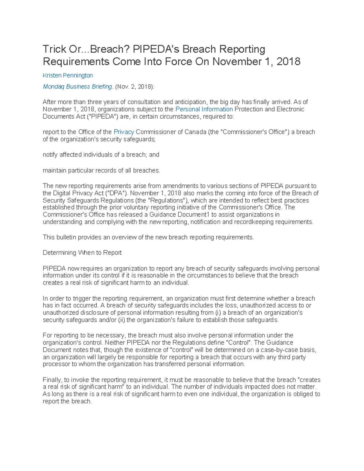 Pipeda's Breach Reporting Requirements - Trick Or..? PIPEDA's Breach ...