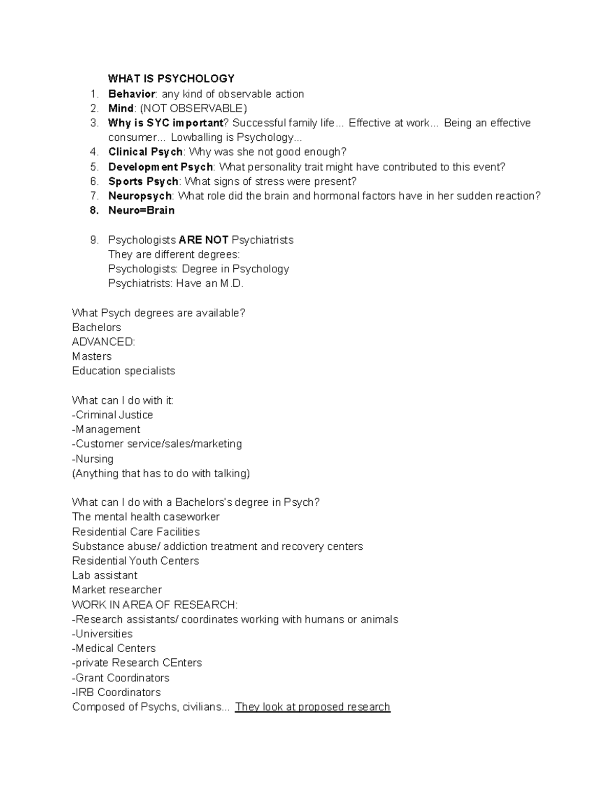 Psyc Notes #1 - Seth Hall. - WHAT IS PSYCHOLOGY Behavior: any kind of ...