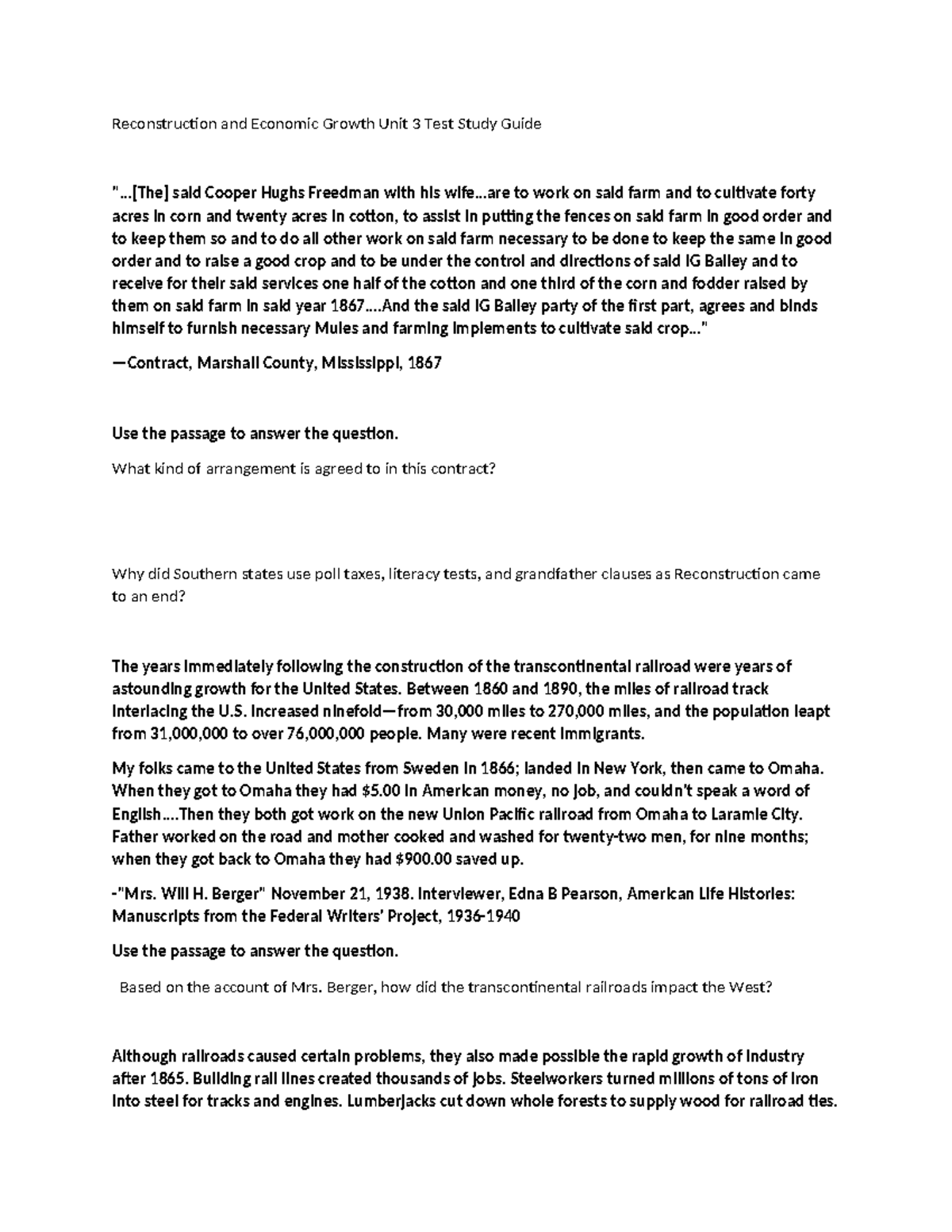 Sem B Unit 3 test Reconstruction and Economic Growth - Reconstruction ...