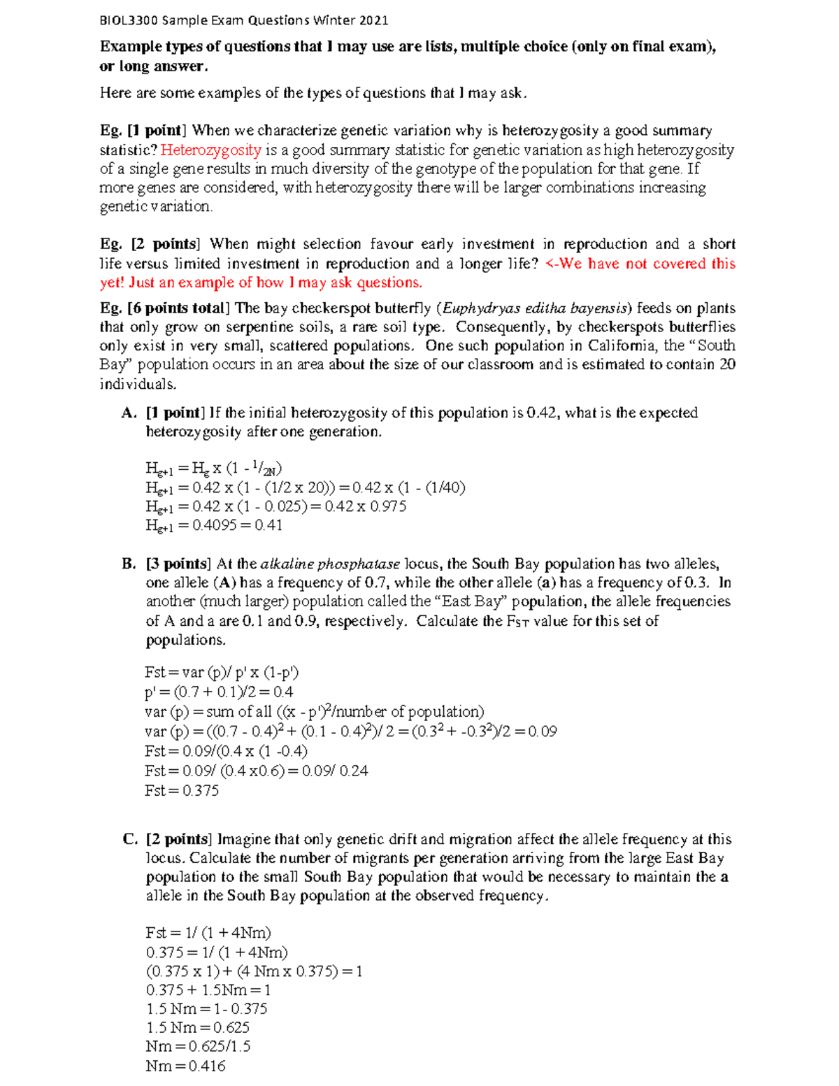 Sample Exam Questions - Practice question and answer - BIOL3300 Sample ...