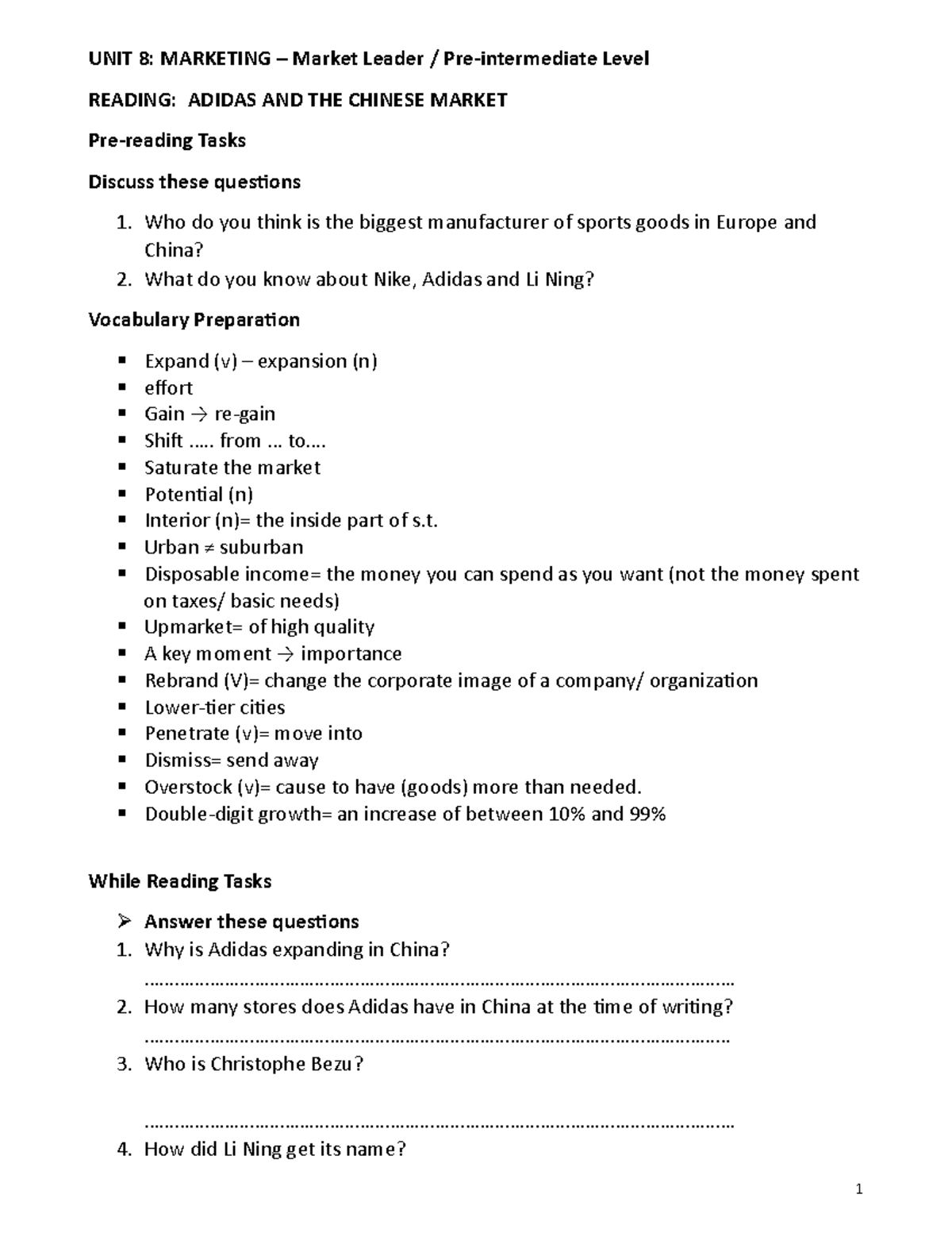 Reading TASK - UNIT 8 - UNIT 8: MARKETING – Market Leader / Pre ...