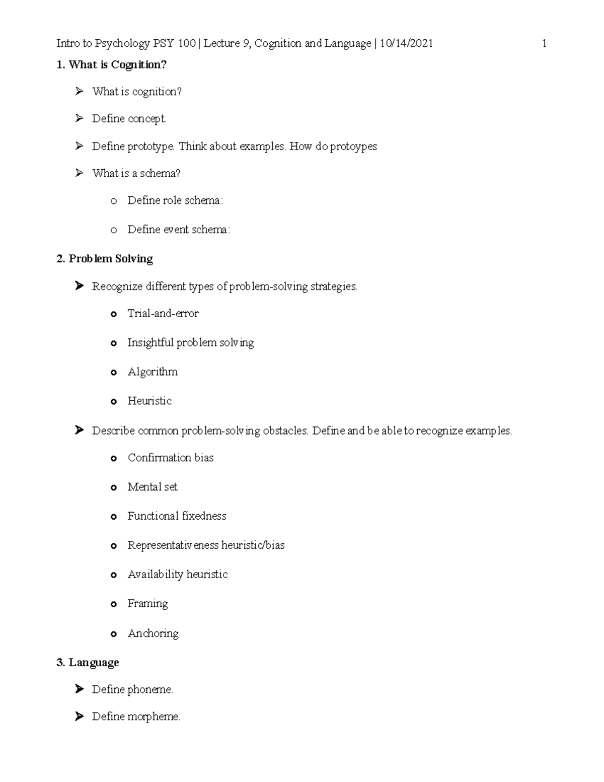 9. Cognition and Language - Define prototype. Think about examples. How ...