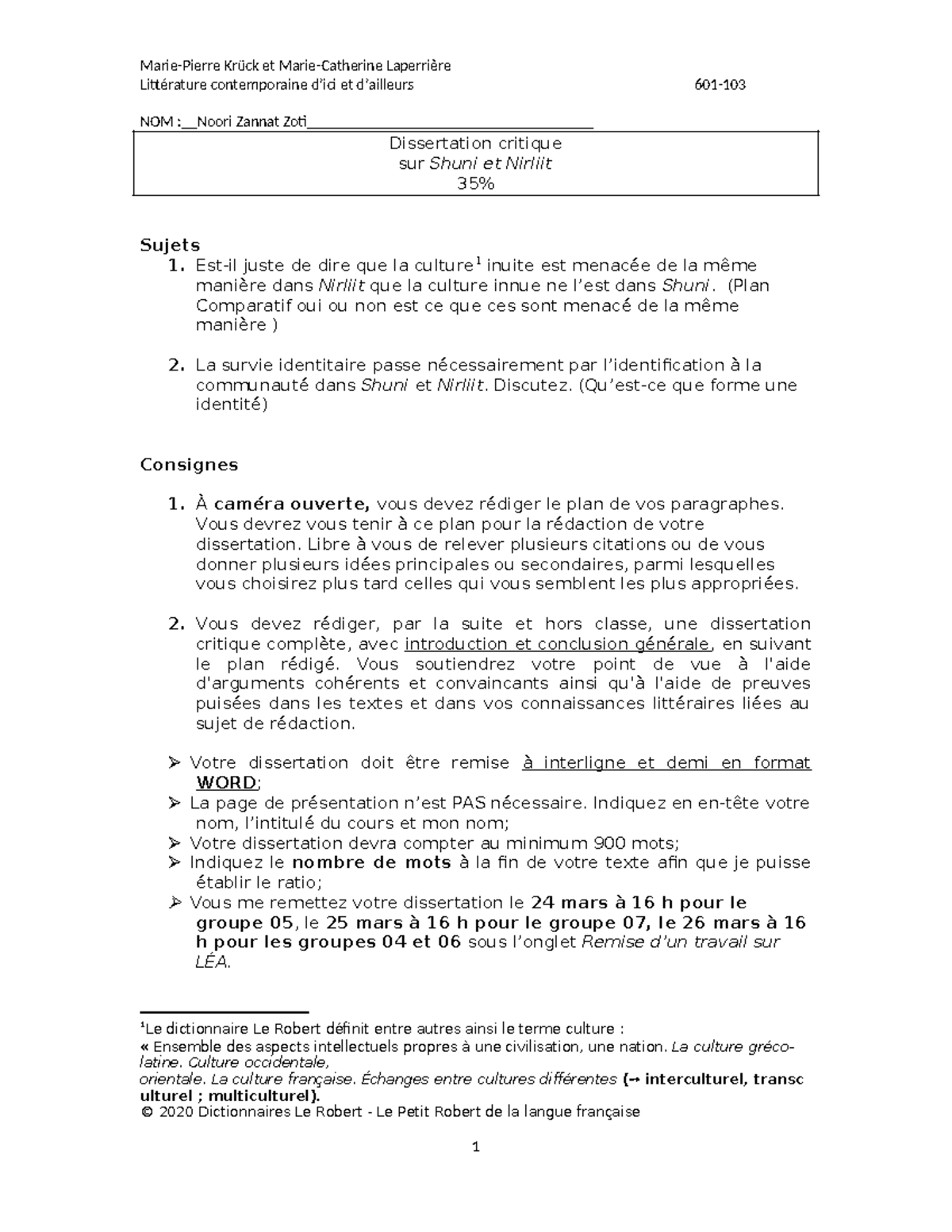 Plan de dissertation critique de mi-session H - Littérature ...