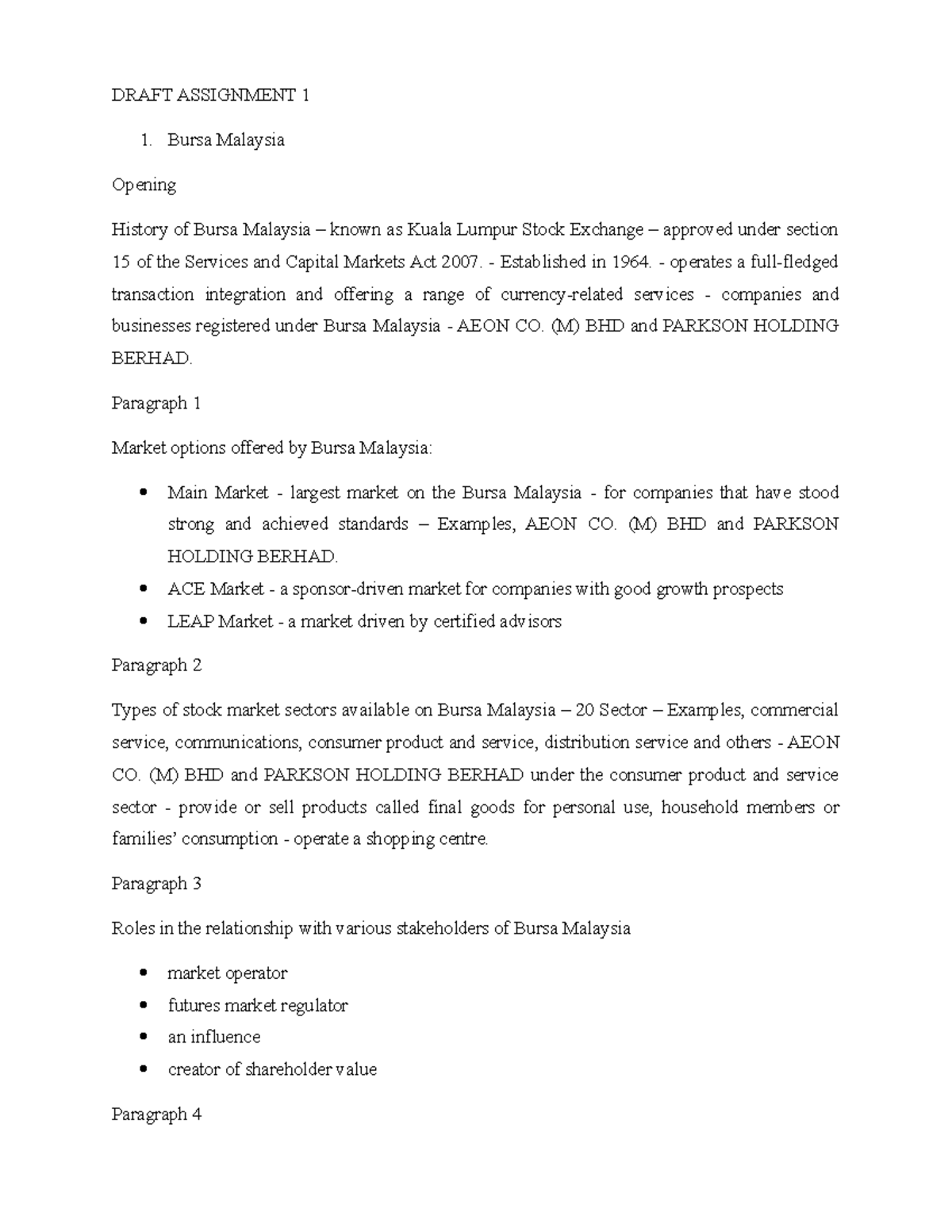 Draft Bursa Malaysia - DRAFT ASSIGNMENT 1 Bursa Malaysia Opening ...