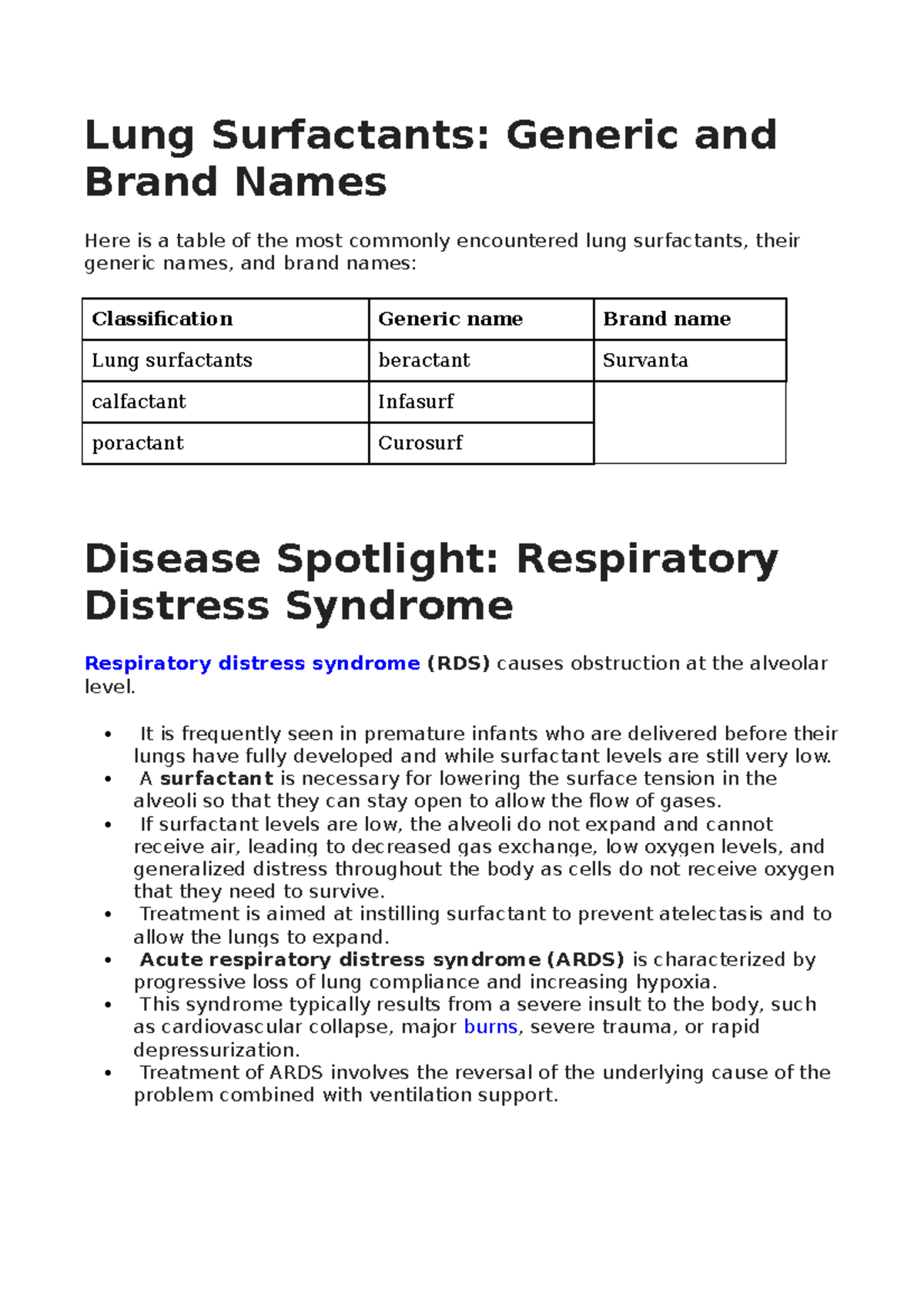 Pharmacology-Lung Surfactant - Lung Surfactants: Generic and Brand ...