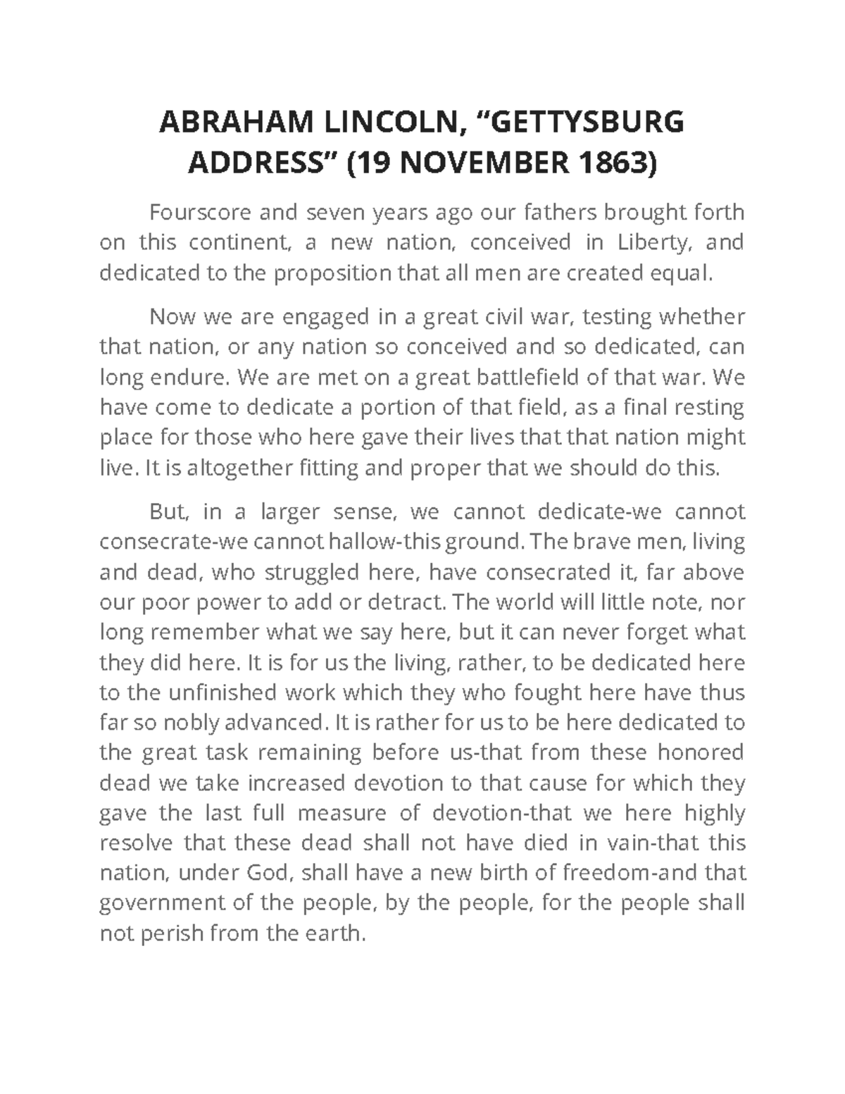 Gettysburg Address - ABRAHAM LINCOLN, “GETTYSBURG ADDRESS” (19 NOVEMBER ...