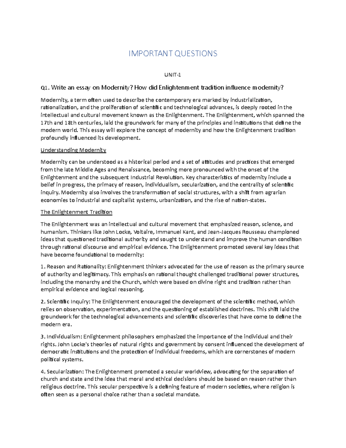 Important Questions MPP - IMPORTANT QUESTIONS UNIT- 1 Q1. Write an essay on Modernity? How did ...