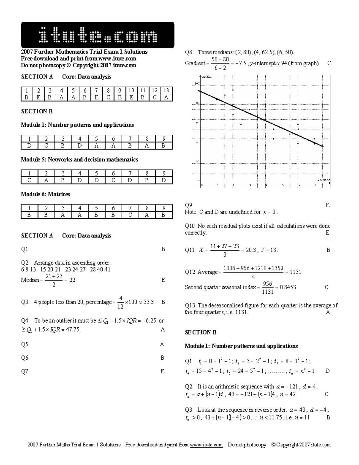 [VCE Further] 2007 i Tute Unit 34 Exam 1 Solutions - 2007 Further Maths ...