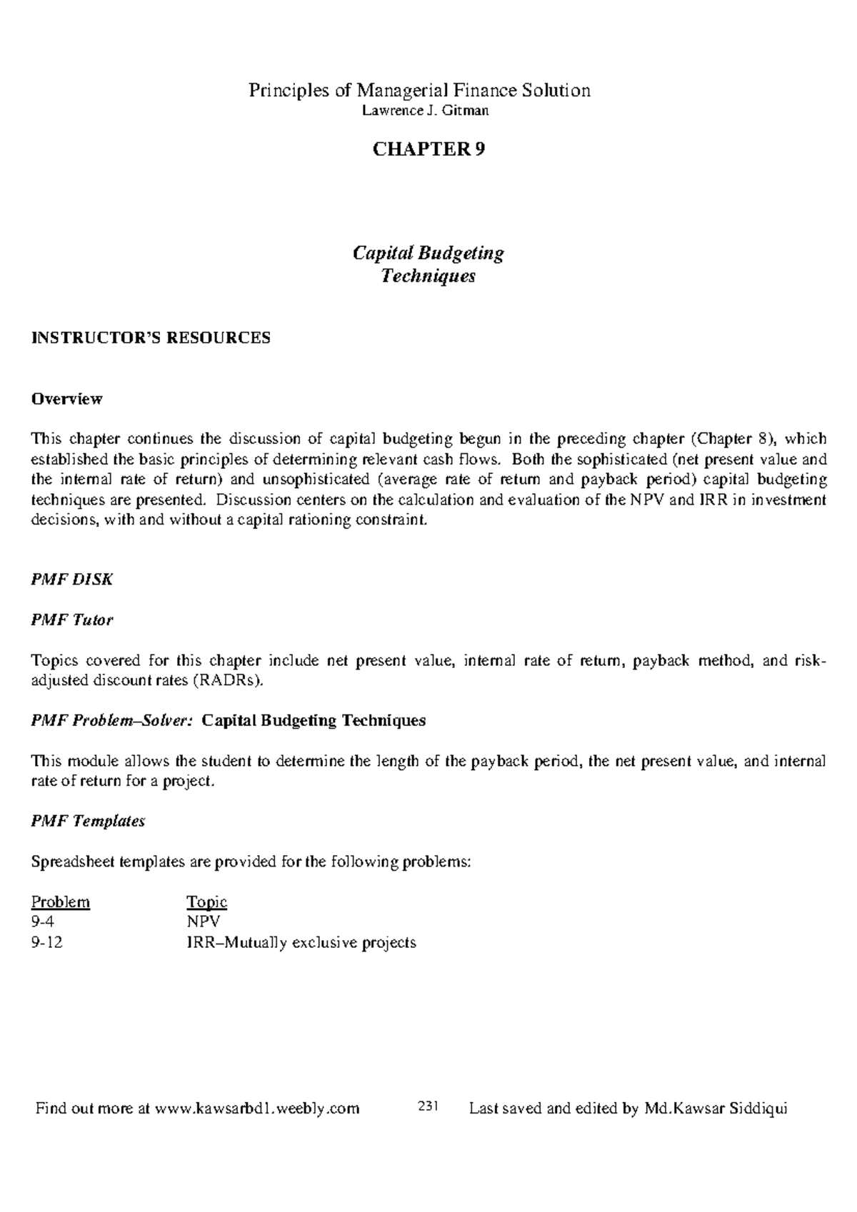 Chapter 9 - Gitman book solution - Principles of Managerial Finance ...