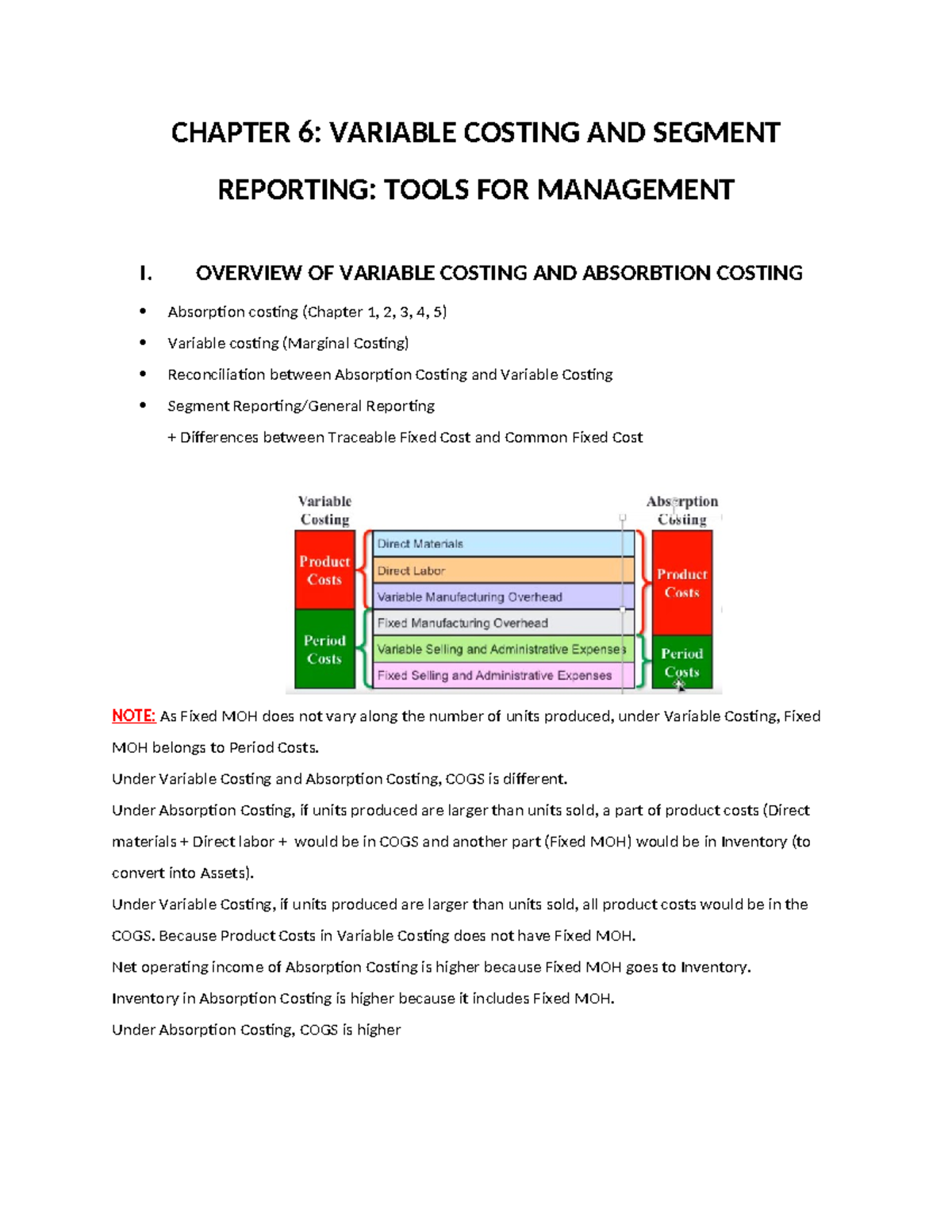 Variable Costing - CHAPTER 6: VARIABLE COSTING AND SEGMENT REPORTING: TOOLS FOR MANAGEMENT I ...
