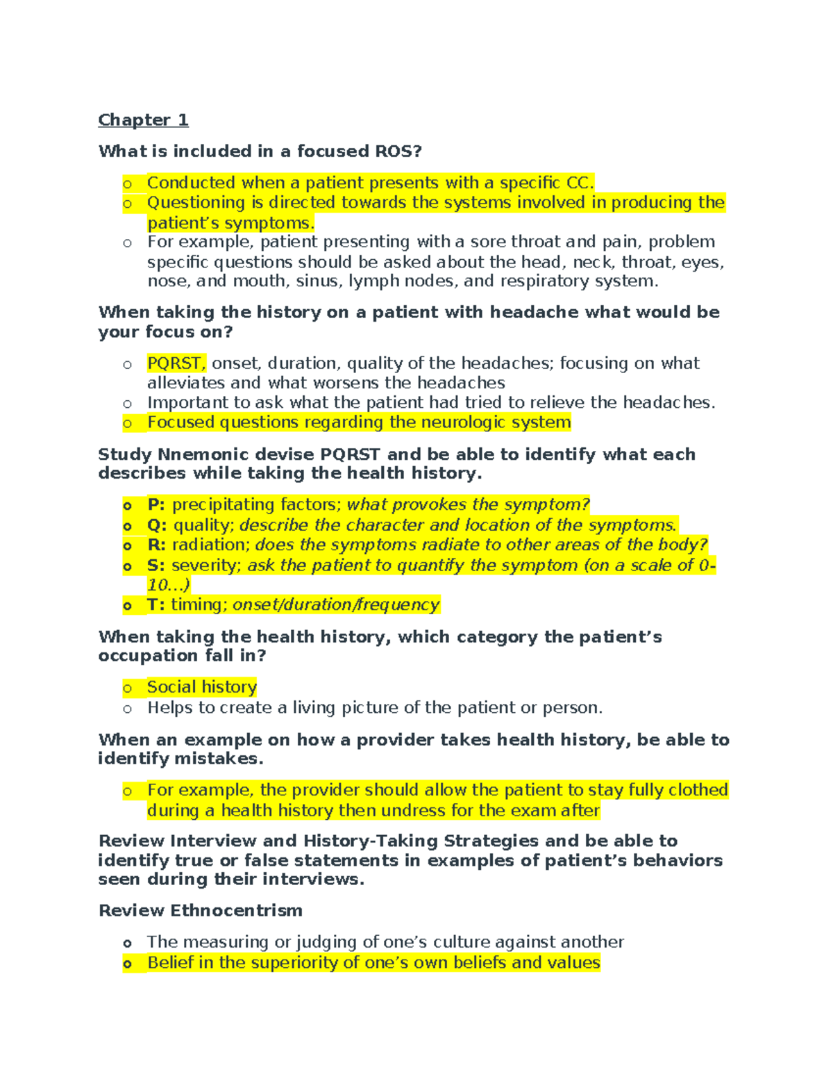 Module 1 Study Guide - Chapter 1 What is included in a focused ROS? o ...