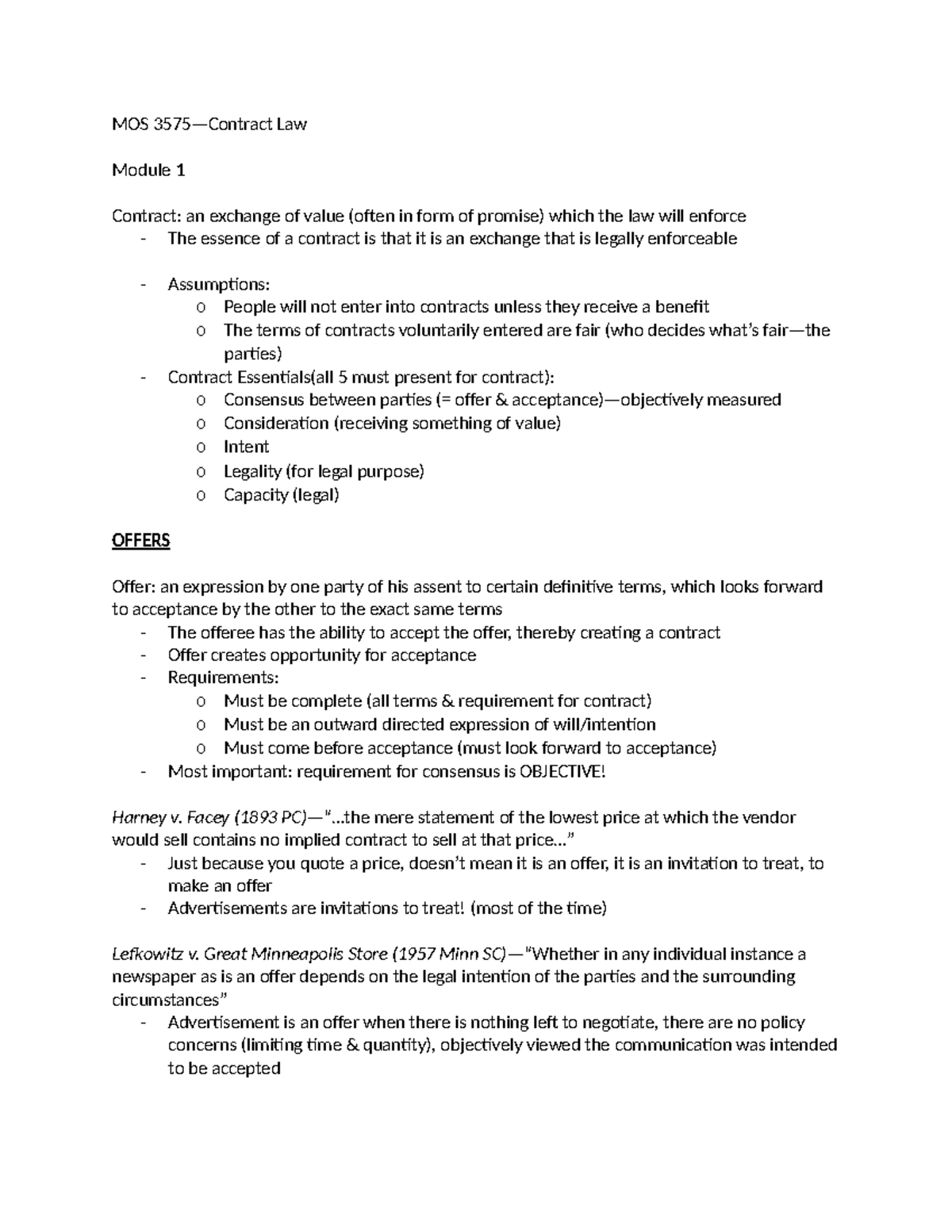 MOS 3475 Lecture Notes - MOS 3575—Contract Law Module 1 Contract: an ...