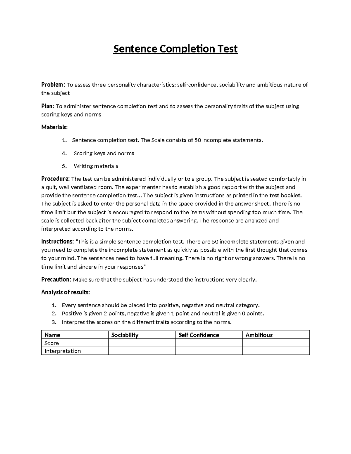 Sentence Completion Test - Sentence Completion Test Problem: To assess ...