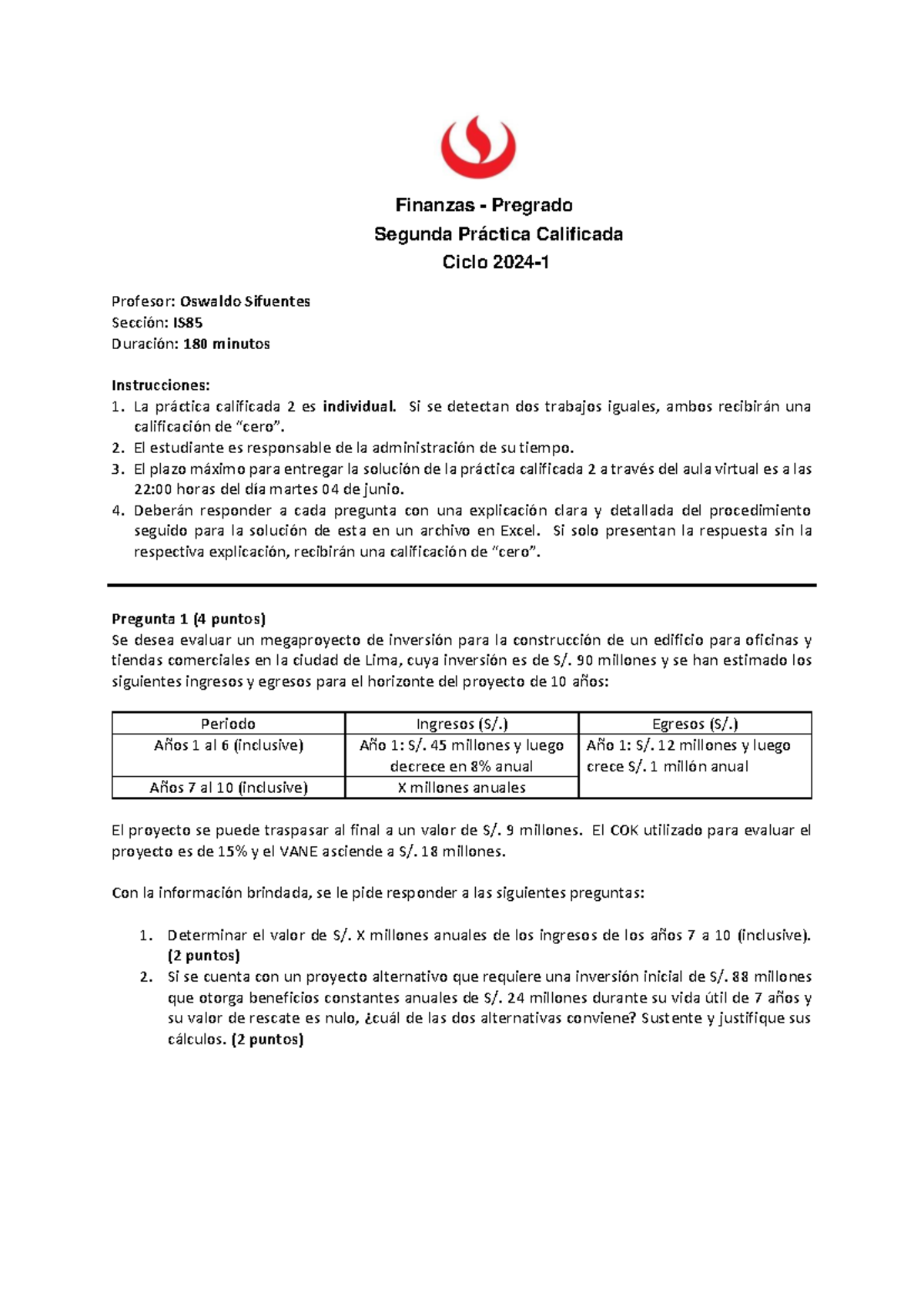 PC2 2024-1 FIFIFIFI - Finanzas - Pregrado Segunda Práctica Calificada ...
