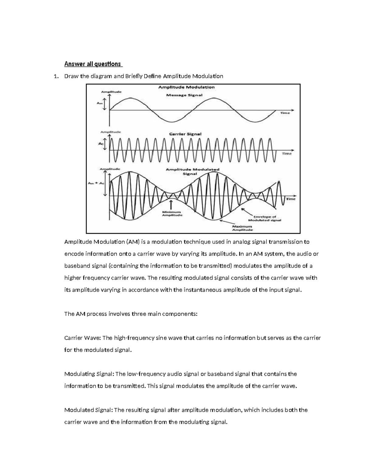 Lab3 - 1. **Amplitude Modulation (AM)** - Diagram and brief definition ...
