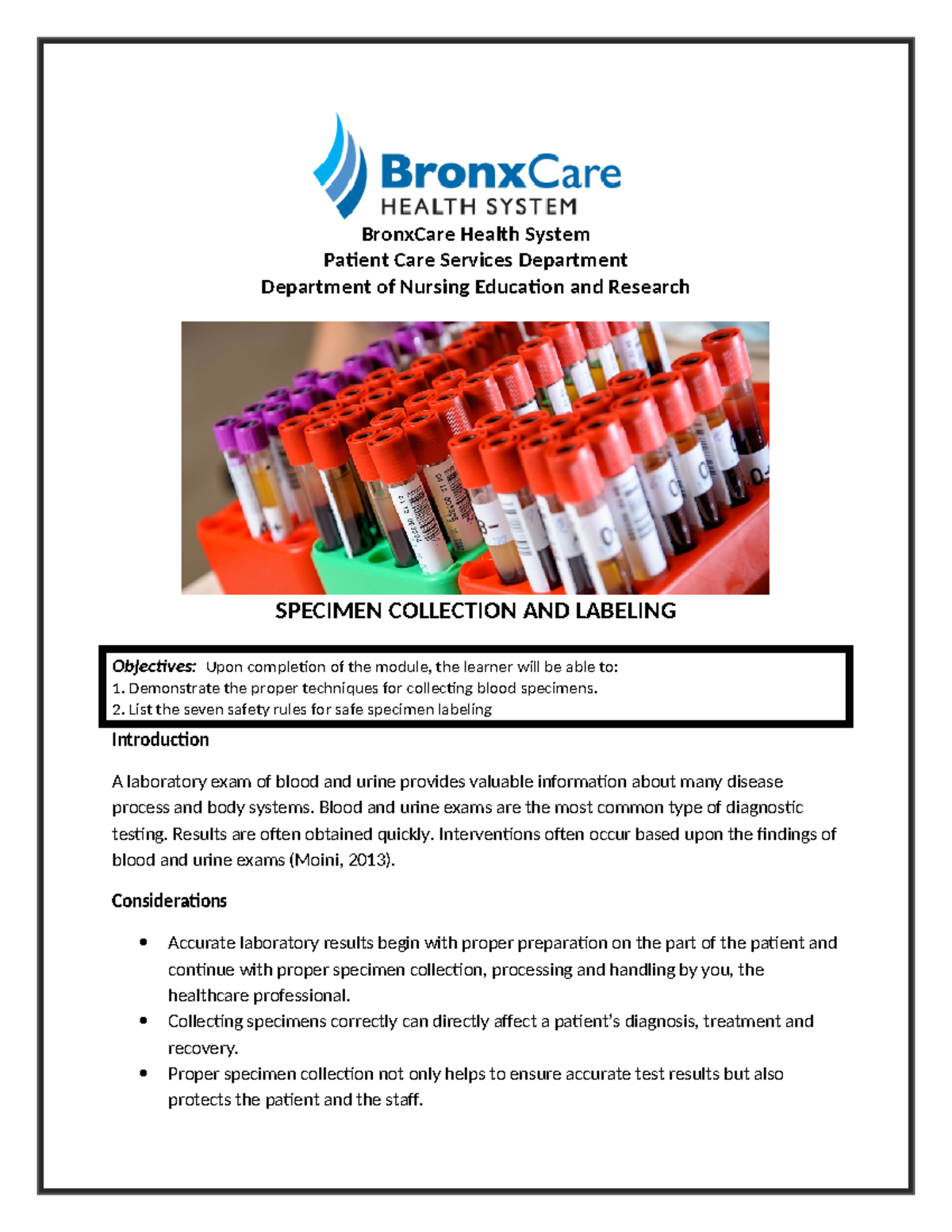 Specimen collection - lectute notes - BronxCare Health System Patient ...