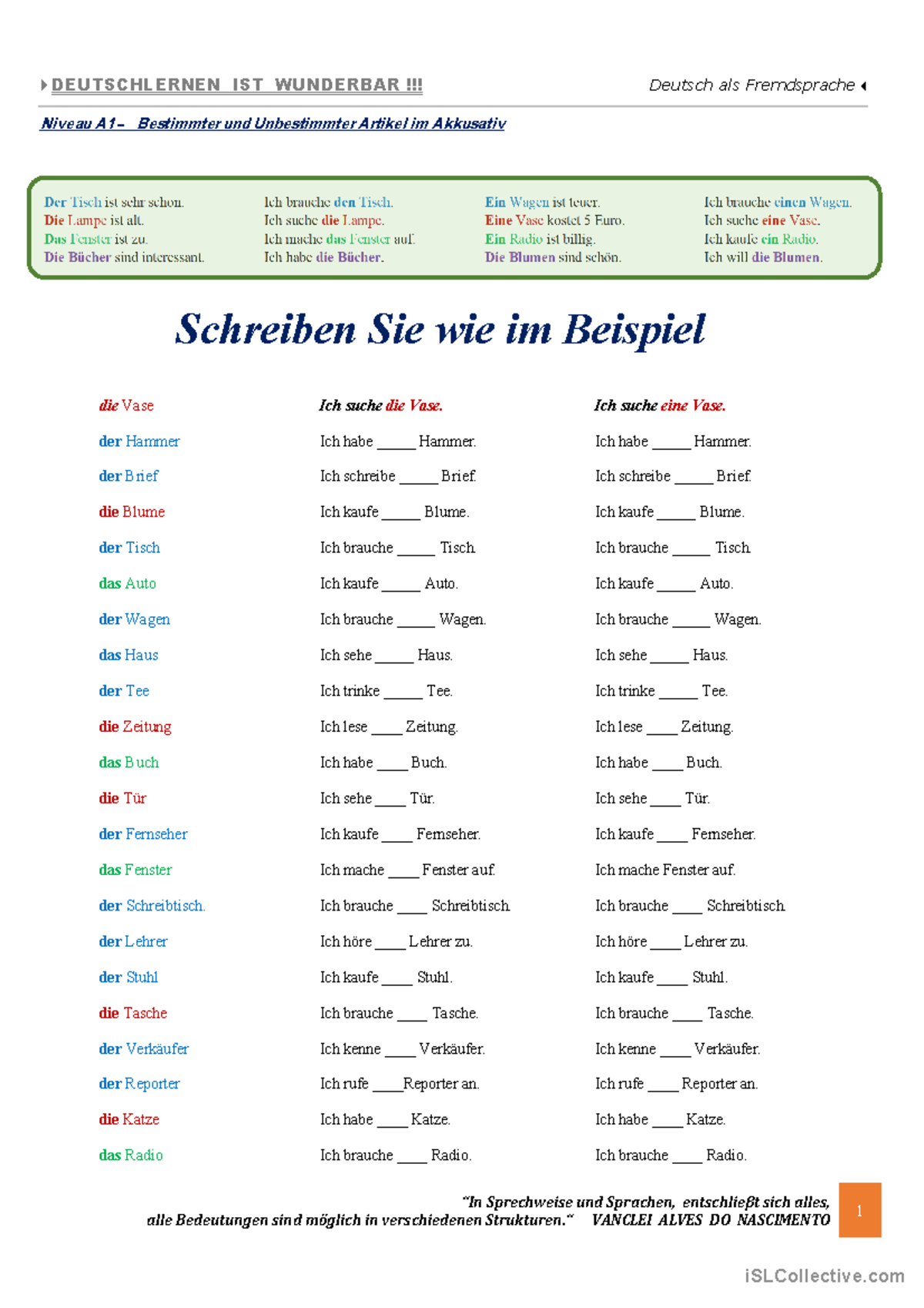 A1 - Akkusativ - Übung - DEUTSCHLERNEN IST WUNDERBAR !!! Deutsch als Fremdsprache Niveau A1 ...