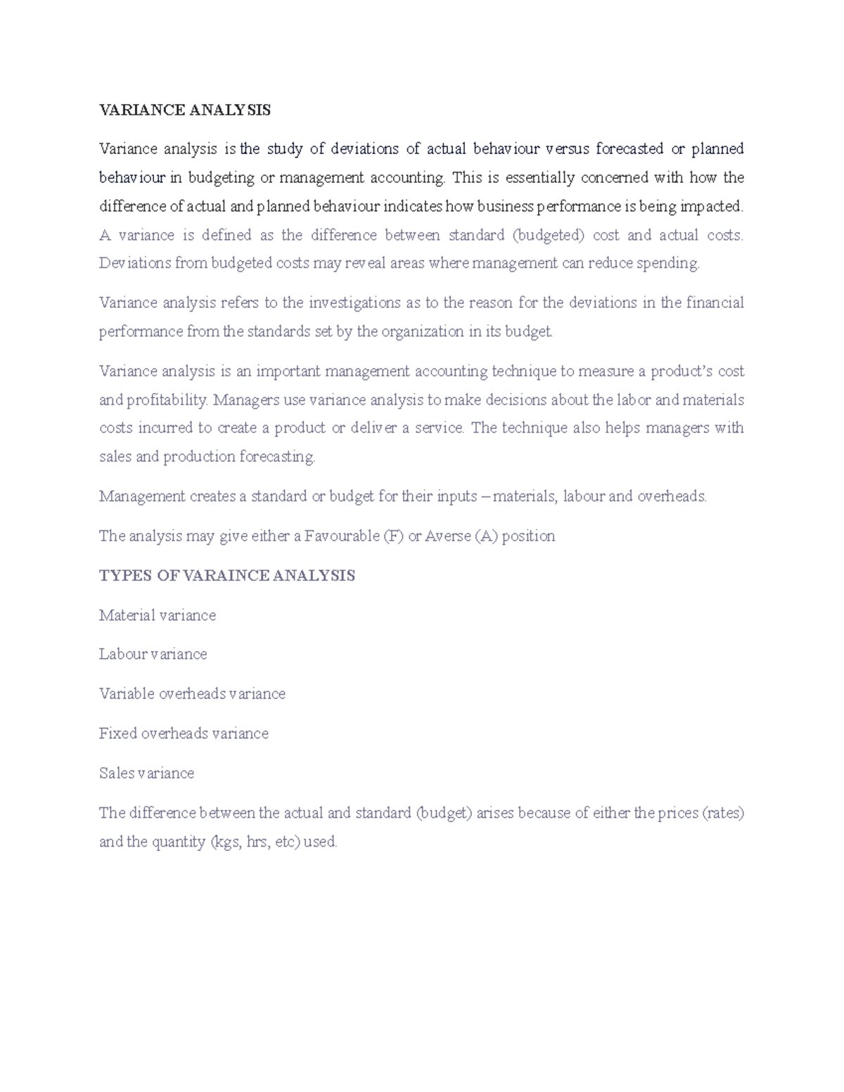 Variance Analysis - Notes - VARIANCE ANALYSIS Variance analysis is the ...